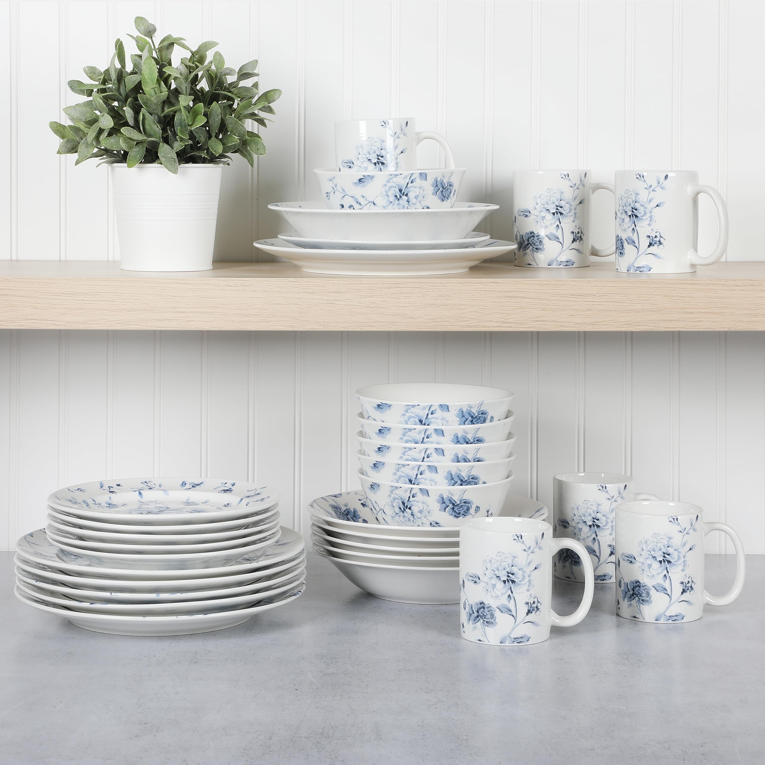Martha Stewart Empress Bouquet Decorated Porcelain Dinnerware Plates and Bowls Set - Blue Floral, Service for 6 (30pcs)