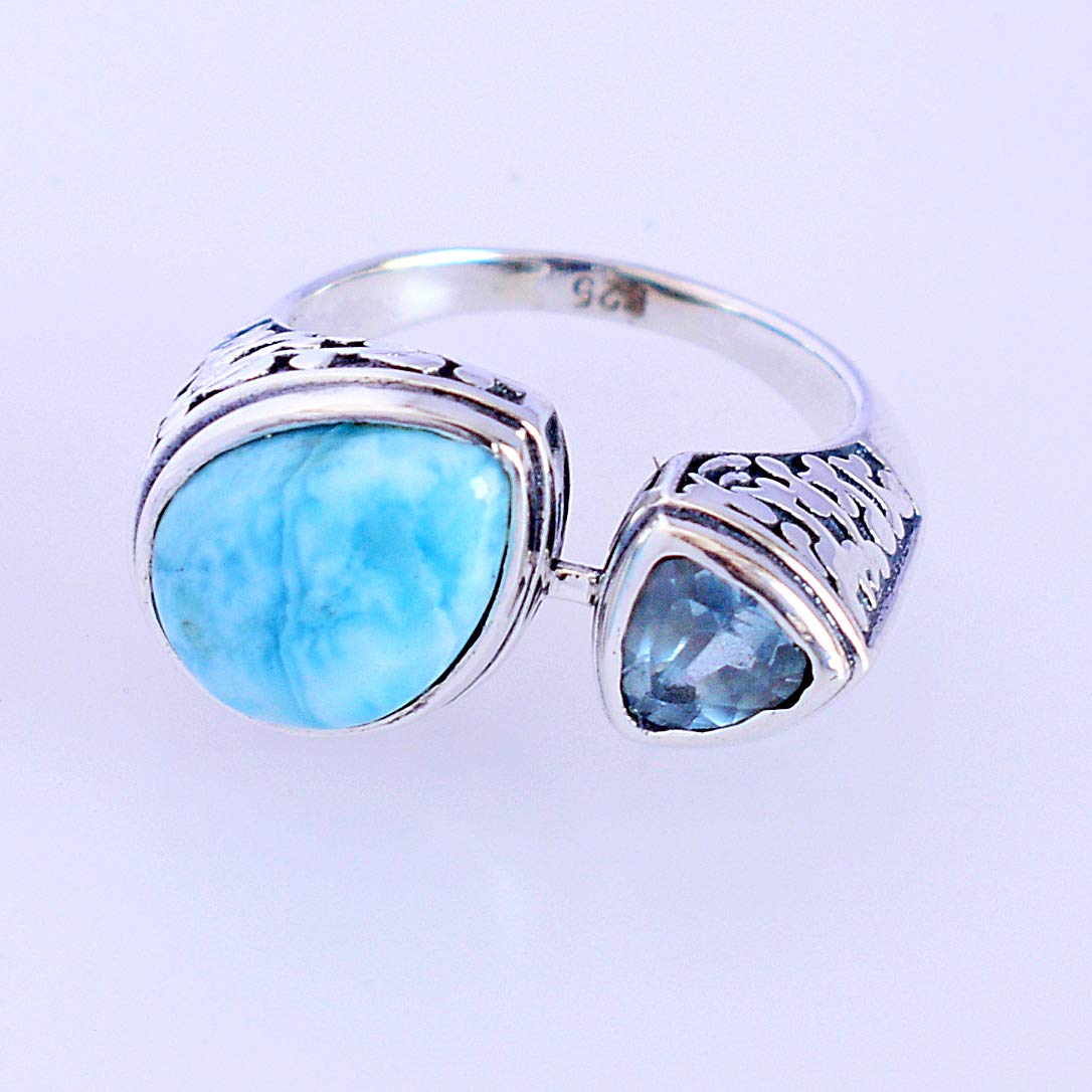 Ravishing Impressions Larimar & Blue Topaz Gemstone 925 Solid Sterling Silver Ring Beautiful Handmade Jewellery Birthday Gift