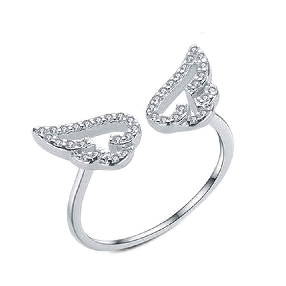 Open Adjustable Guardian Angel Wing Heart Finger Ring CZ Cute Ring for Women-Silver
