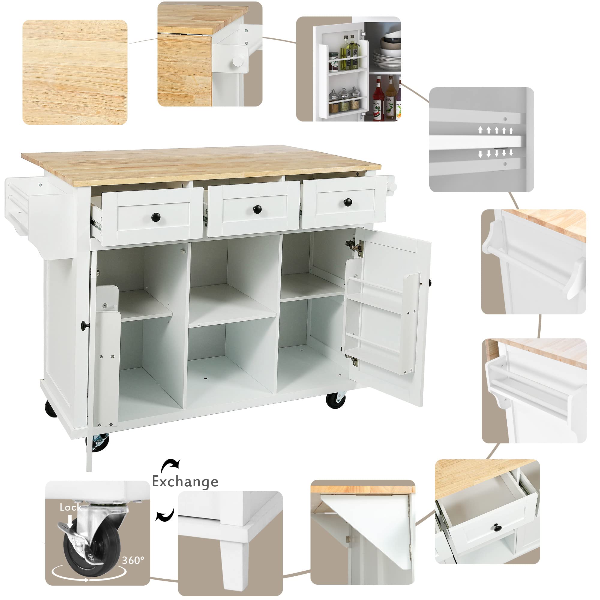 MACHOME Mobile Kitchen Cart Island Table on Wheels with Storage Cabinet, Rolling Kitchen Island Cart with 4 Door Cabinet and Two Drawers, Solid Wood Top Coffee Bar for Dining Room, White