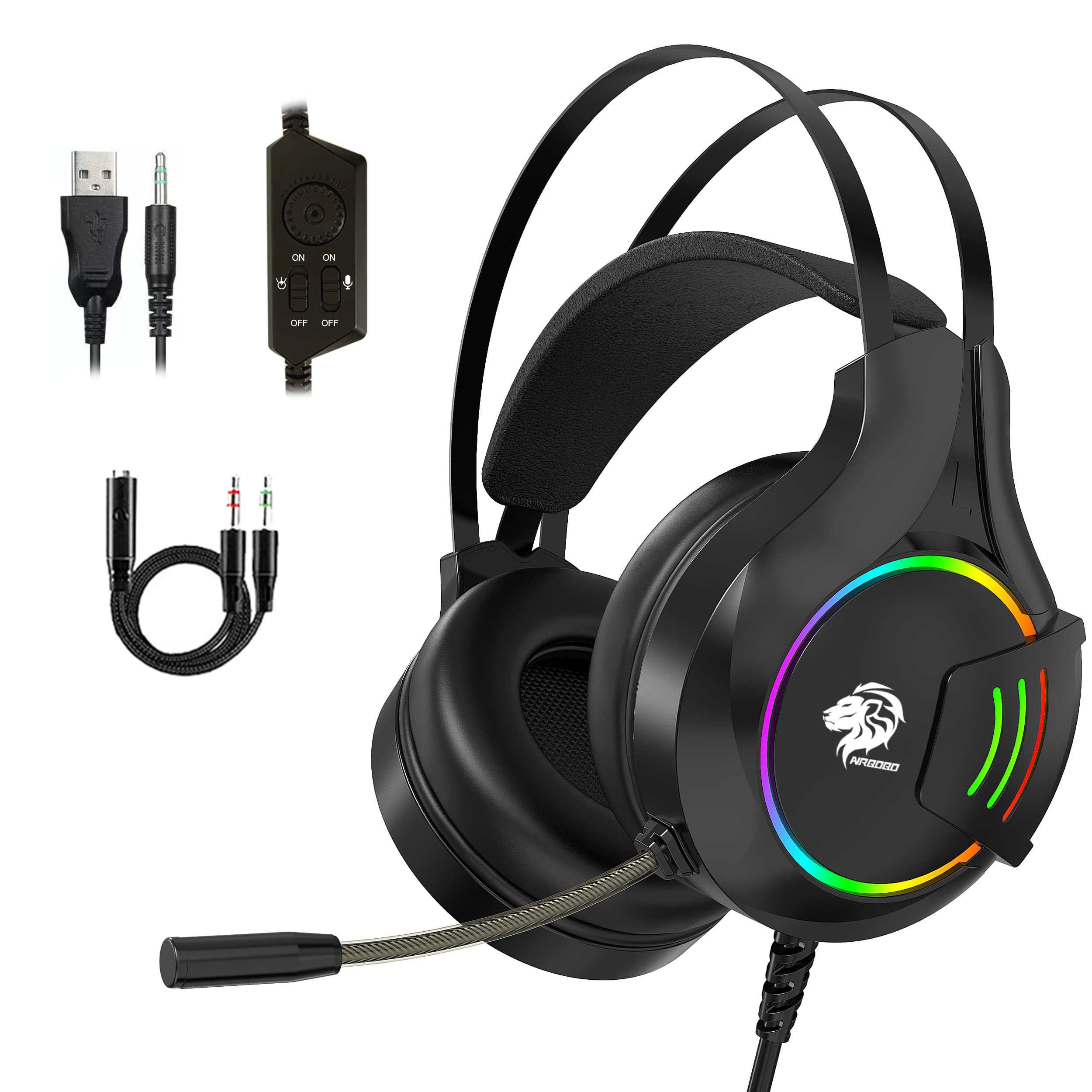 RAFIKI Gaming Headset with Microphone for PS4, PS5, Laptop, PC,Mobile Phone,7.1 Surround Sound Headphones,Memory Foam Ear Pads LED Lights, Self-Adjusting Over Ear Headset