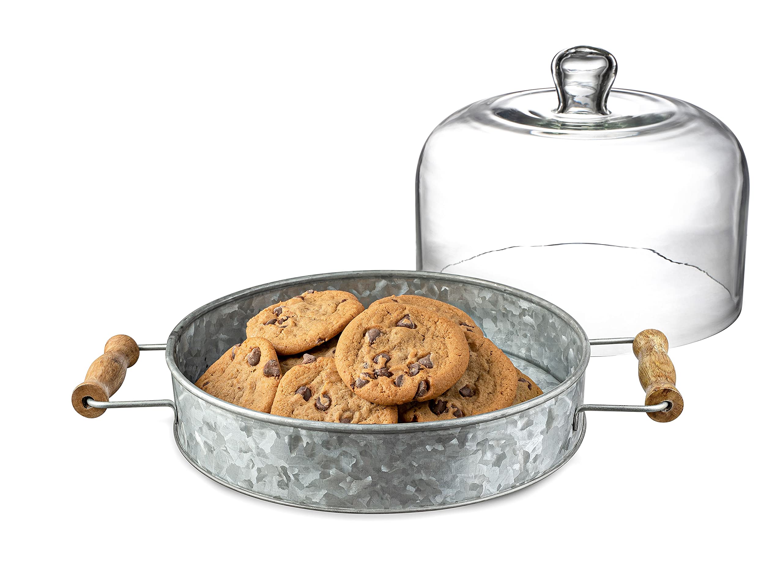 Royalty Art Farmhouse Cake Plate with Glass Dome, Rustic Kitchen and Dining Room Platter with Carry Handles, Galvanized Steel Base, Decorative Home Decor for Cupcakes and Pastries