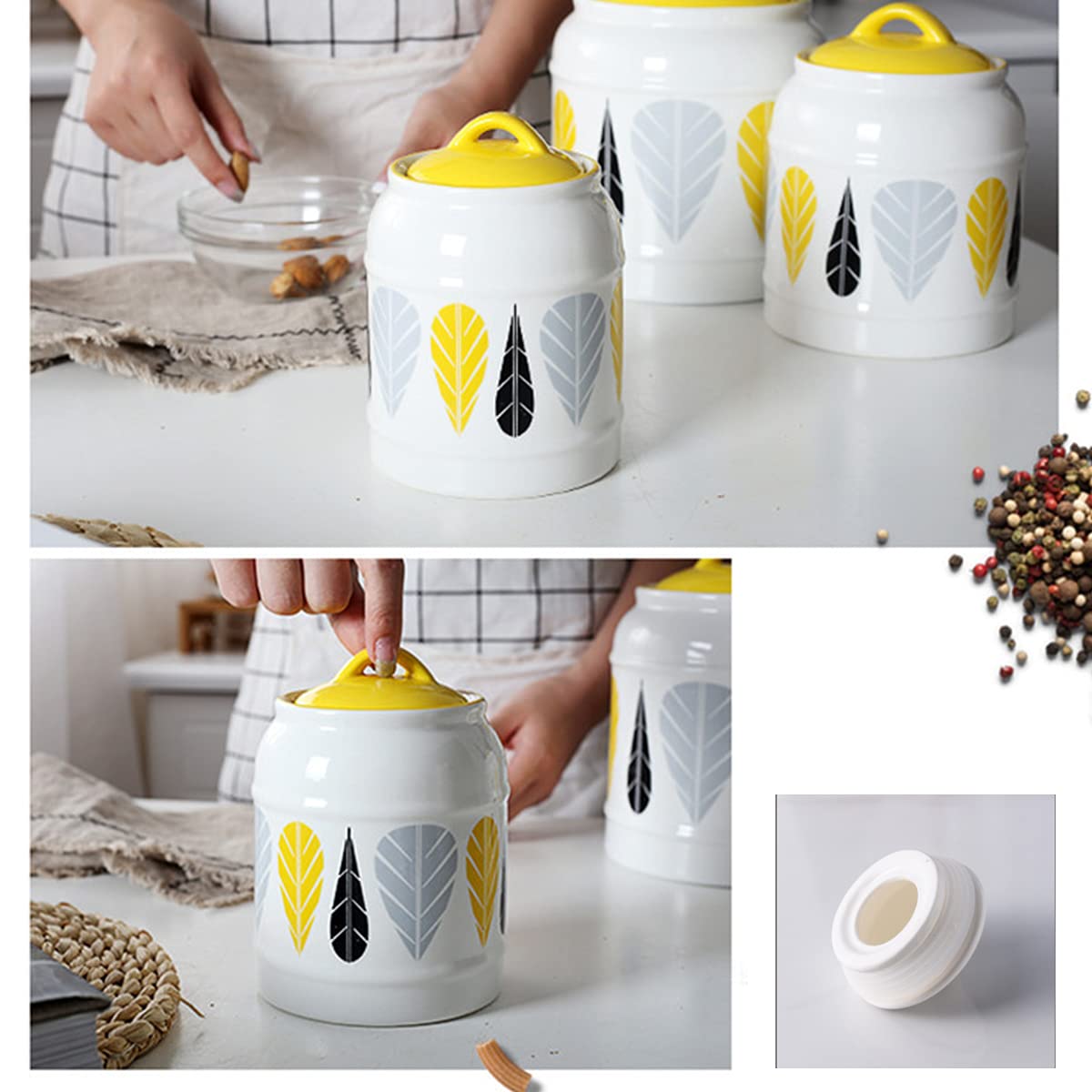 LLDAYU - Airtight Kitchen Canister Decorations with Lids, The simple and fresh design Ceramic Food Storage Container Canister - Yellow Leaves (750 ml/32 oz)