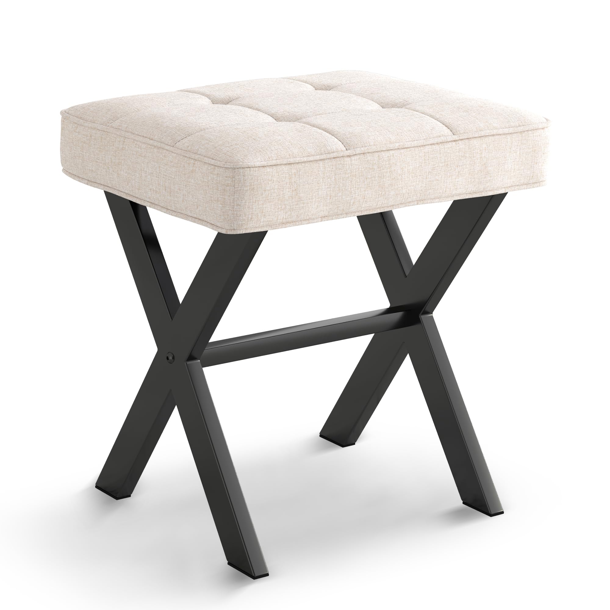 LUE BONA Ottoman Foot Stool Vanity Stool, Square Linen X-Leg Foot Rest Ottoman Makeup Stool, Small Stool Chair for Vanity, Modern Padded Vanity Seat for Makeup Room, Living Room, Bathroom, Linen Color