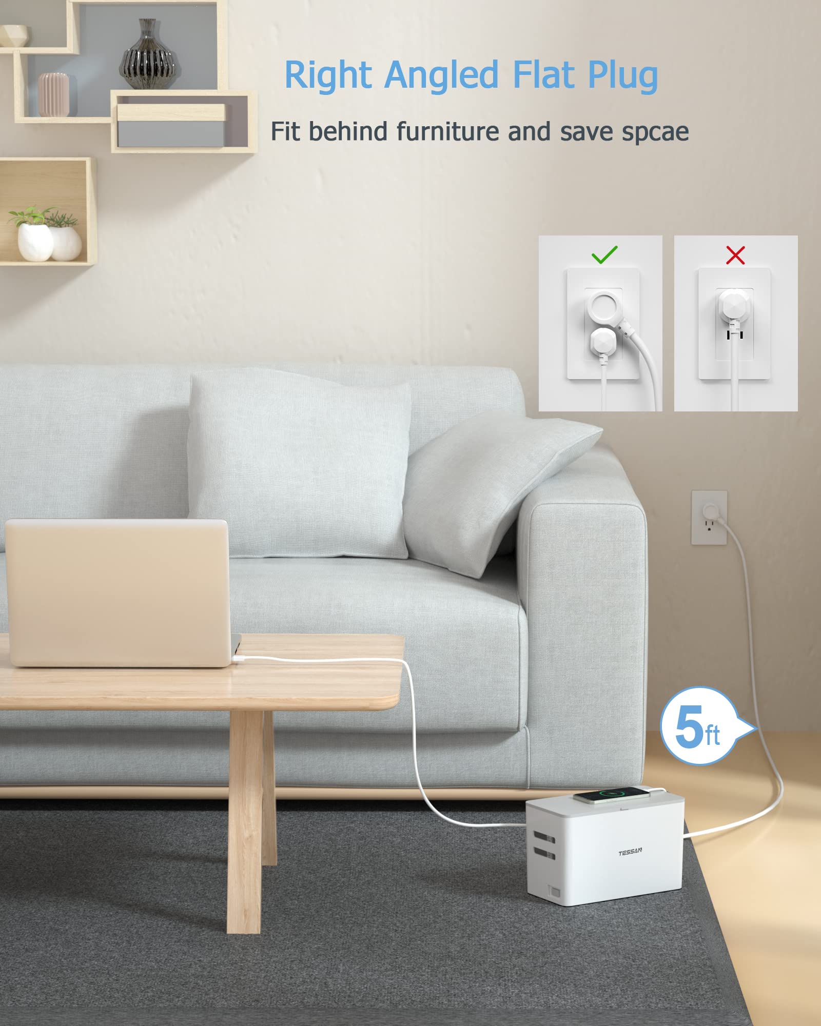 Power Strip with Cable Management Box, TESSAN 5 ft Flat Plug Extension Cord, 4 Outlets 2 USB Ports with Overload Switch, Mountable White Power Cord Organizer Charging Station for Dorm, Office, Home