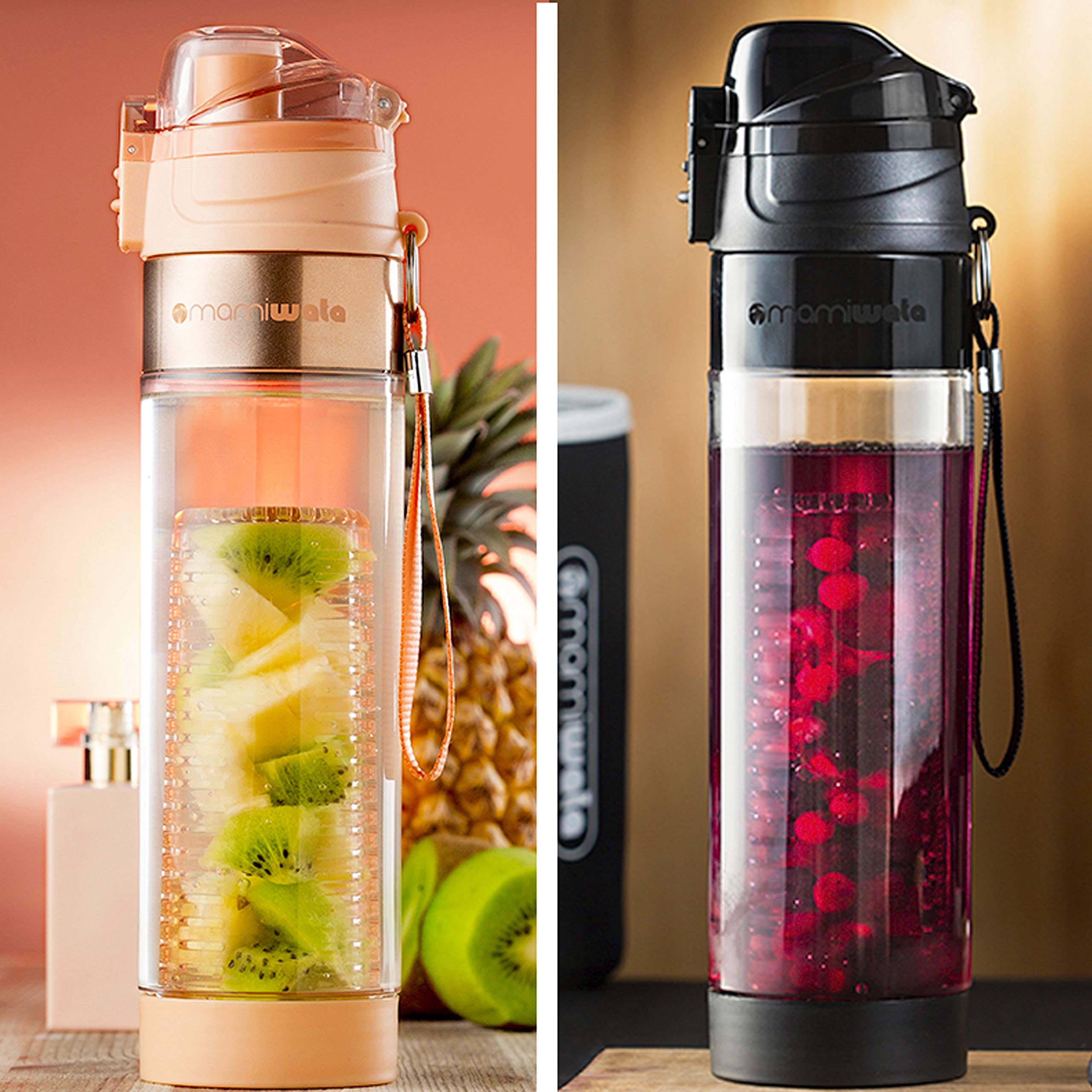 MAMI WATA Fruit Infuser Water Bottle β 24 oz β Tritan Plastic - Unique Stylish Design β Fruit Infused Water recipes eBook & Insulating sleeve β Beautiful Gift Box
