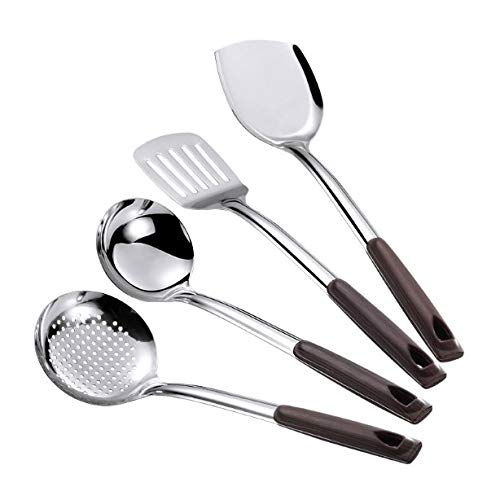 LMMDP 4pcs Stainless Steel Kitchen Utensil Set Spatula Spoon Frying Shovel Colander Noodle Spaghetti Spoon Kitchen Cooking Tools