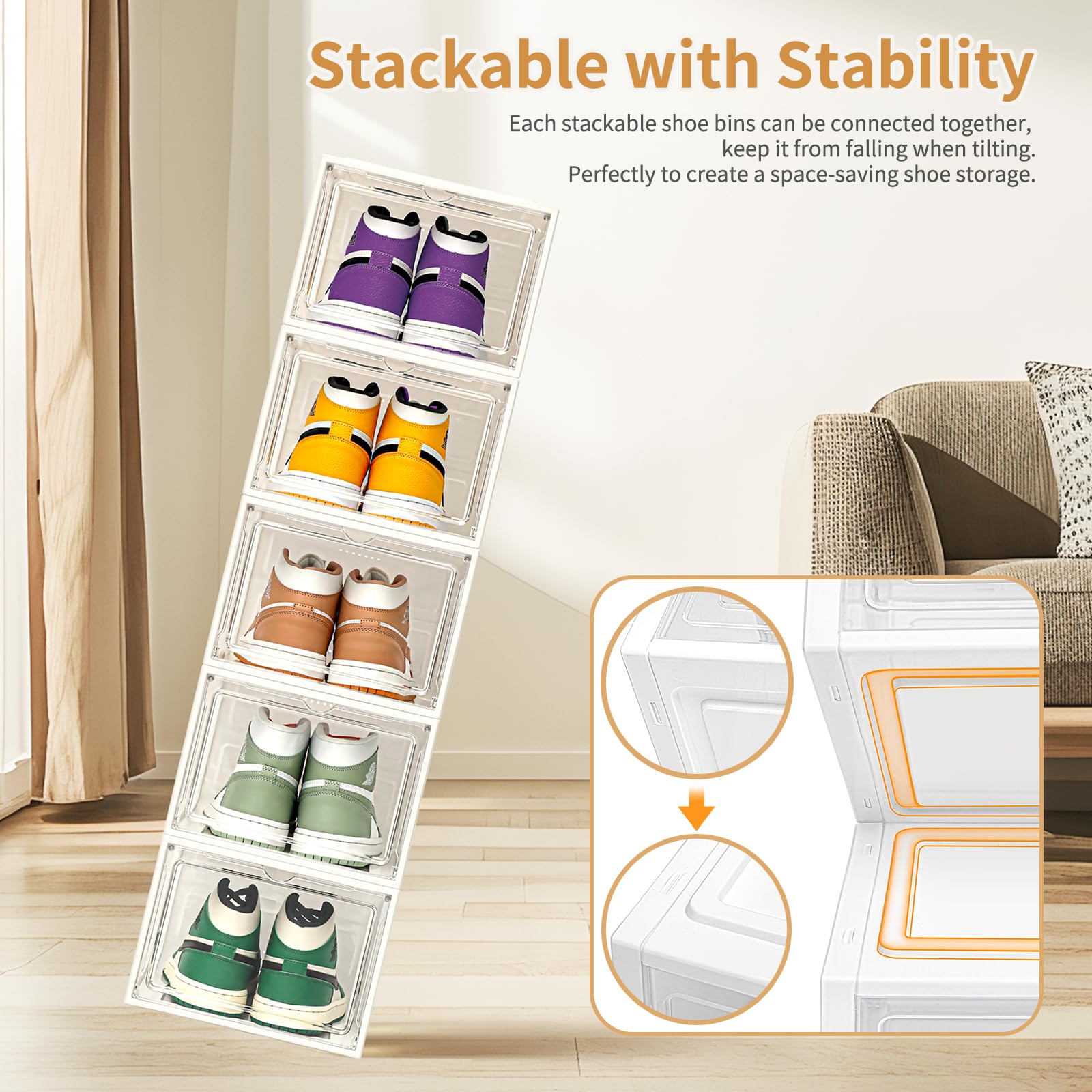 Upgraded X-Large 6 Pack Clear Shoe Storage Organizer,Stackable Shoe Rack for Closet,Plastic Shoe Boxes with Magnetic Door,Shoe Containers For Sneaker Display,Fit up to US Size13