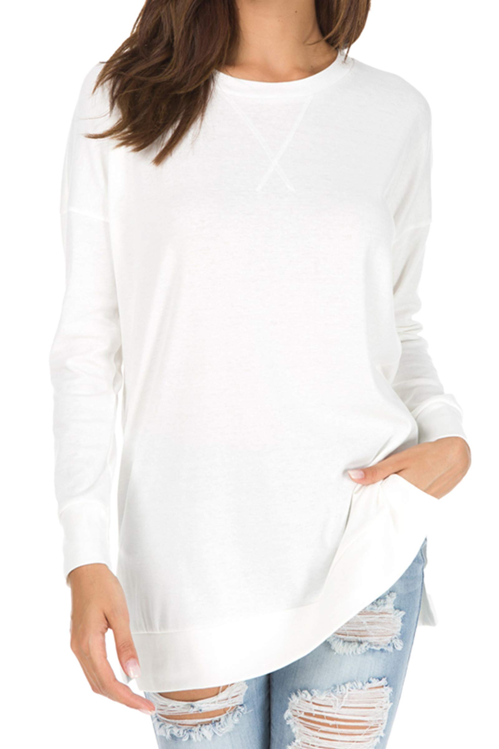 levaca Womens Fall Long Sleeve Sweatshirt Side Split Loose Casual Tunic Tops White XL