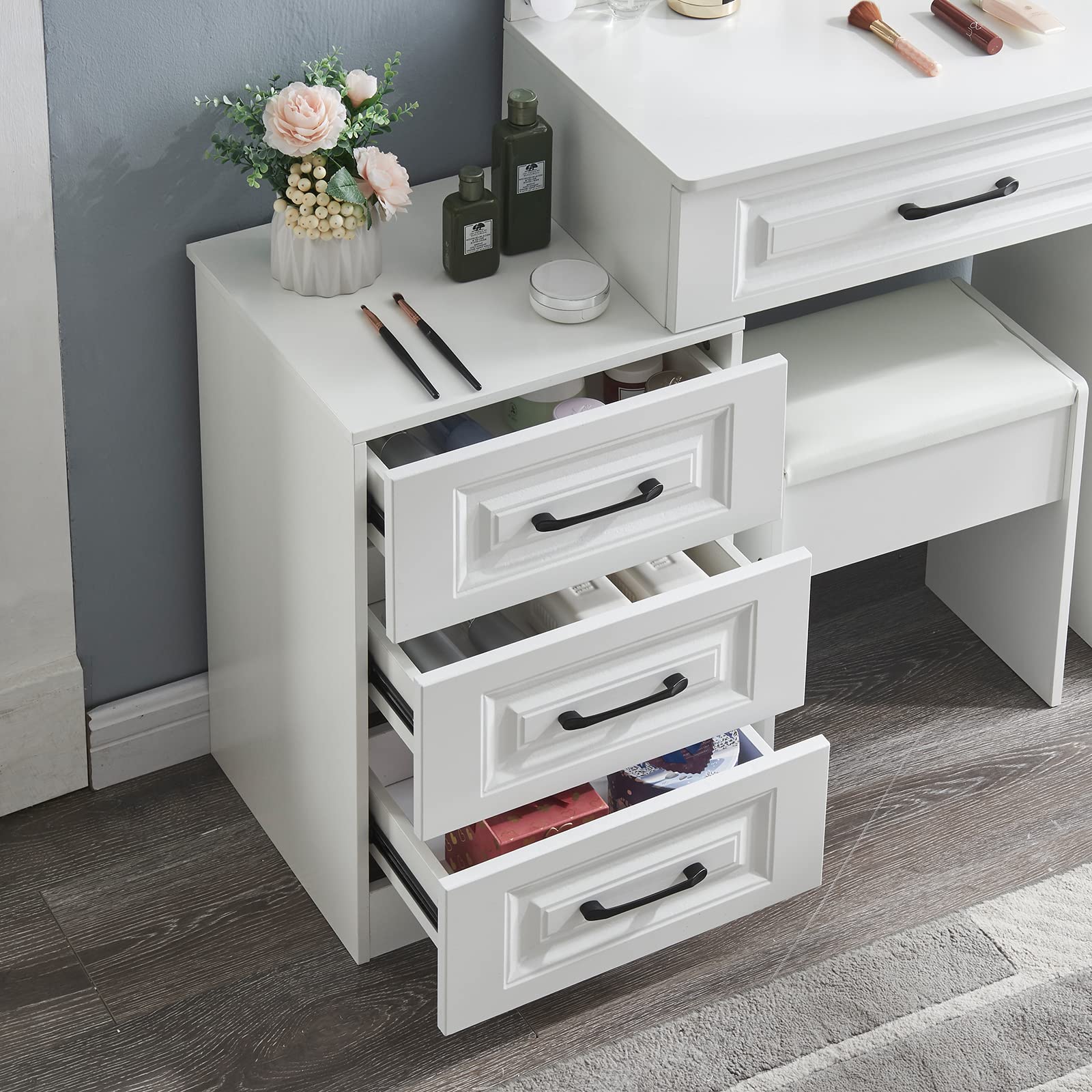 Makeup Vanity Dressing Table with Drawers and Lighted Mirror, White Vanity Set Dresser Desk and Cushioned Stool (US1949)