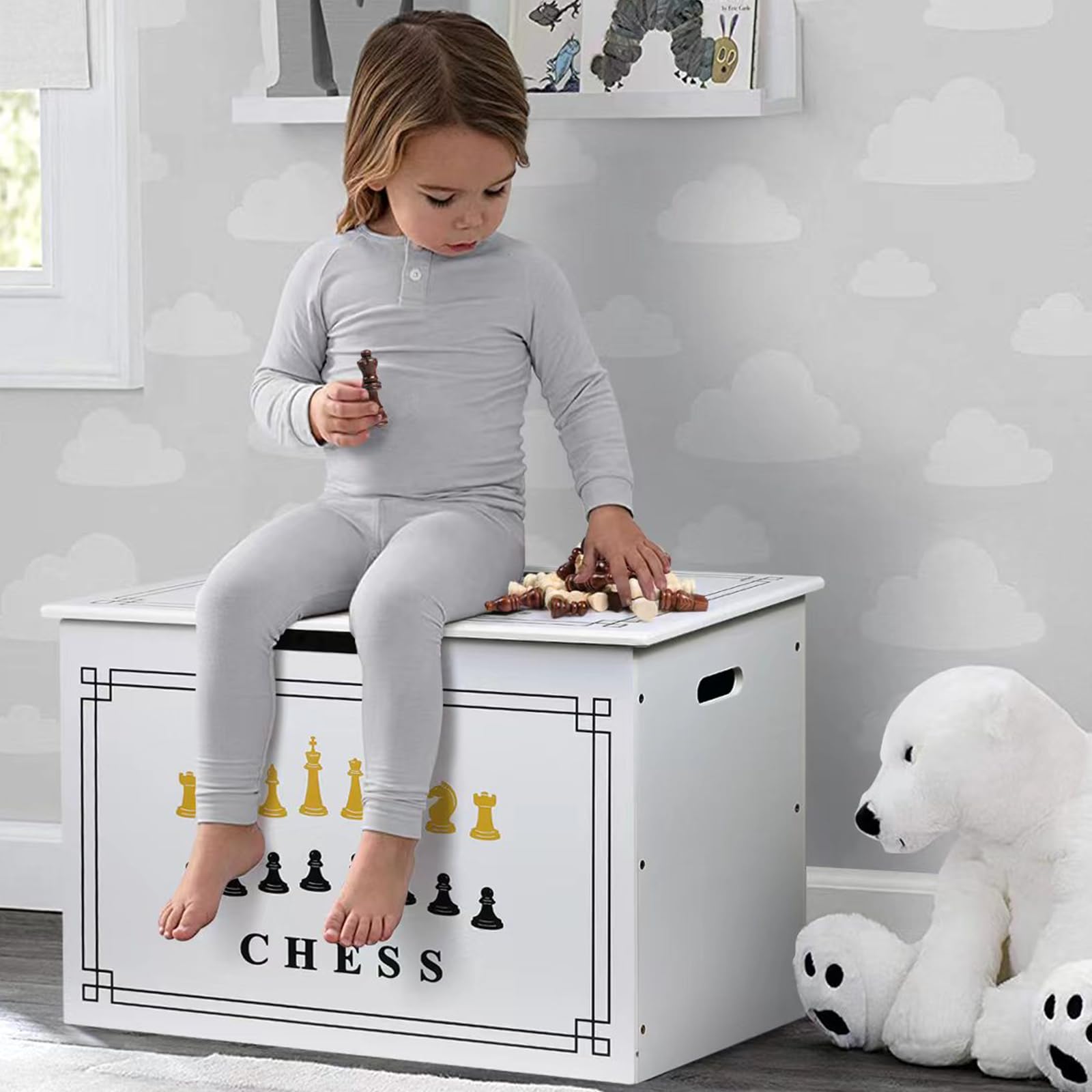 Pierybyt Wooden Storage Chest, White, 23.6" x 15" x 16.7",Storage Chest With Safety Hinges,For Organize and Store Your Child's Toys ,Item Storage, Playroom Storage.