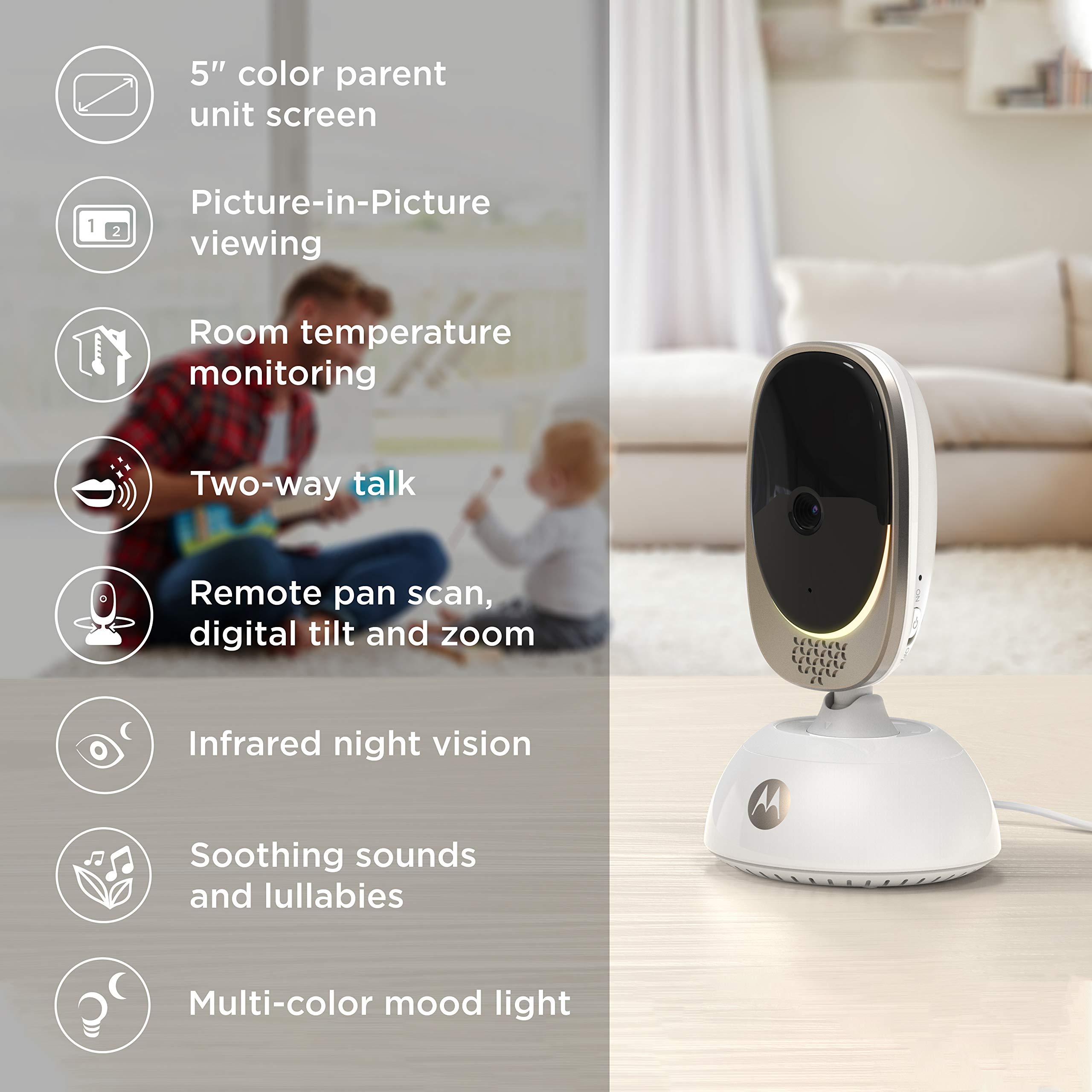 Motorola Connect85-2 Video Baby Monitor β 5β Parent Unit and WiFi HD Viewing β Two Cameras with Mood Light, Remote Pan Scan, Digital Tilt/Zoom, 2-Way Talk, Night Vision, Temp Sensor