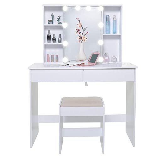 Makeup Vanity Desk with Sliding Lighted Mirror for Christmas Day, Makeup Table Vanity Desk with 2 Large Drawers, 3 Color Lighting Modes, Brightness Adjustable, Vanity Table for Women Girls, White