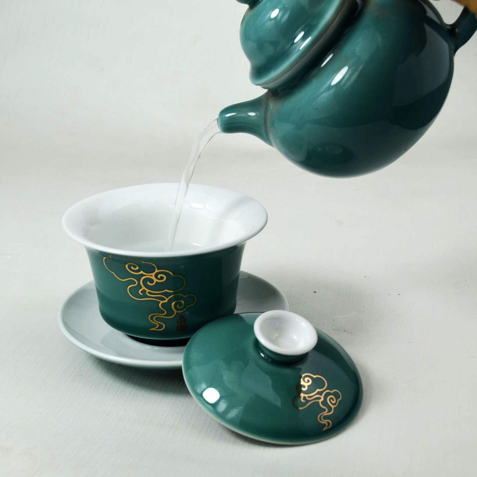 Porcelain Gaiwan 5oz /150ml Teacup White Glazed Classical Chinese Auspicious Clouds Tea Cup Tureen Sancai Cover Bowl Lid Cup Saucer Set (Green)