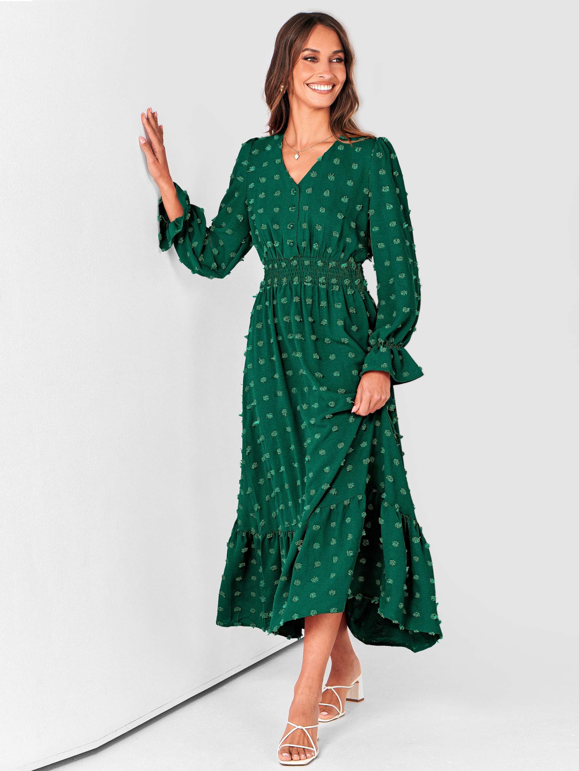 MASCOMODA Women Boho Maxi Dress 2024 Long Sleeve V Neck Swiss Dot Smocked High Waisted A-Line Ruffle Tiered Long Dress(X-Large, Dark Green)