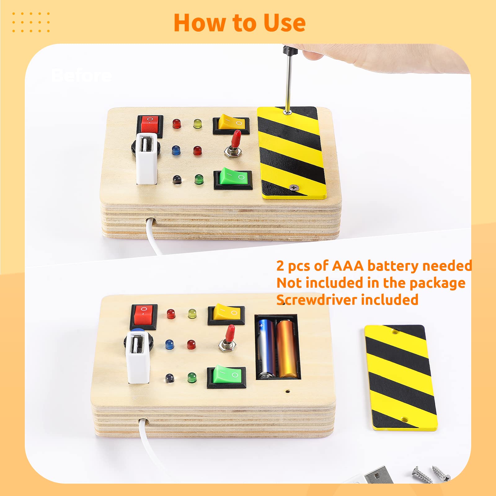 ToyoFun Busy Board with Light Switch & Push Buttons, Wooden Led Busy Boards with 6 Modes Light Switch and Upgraded USB Pluggable Wires for 1-3 Years Toddlers Sensory Toy