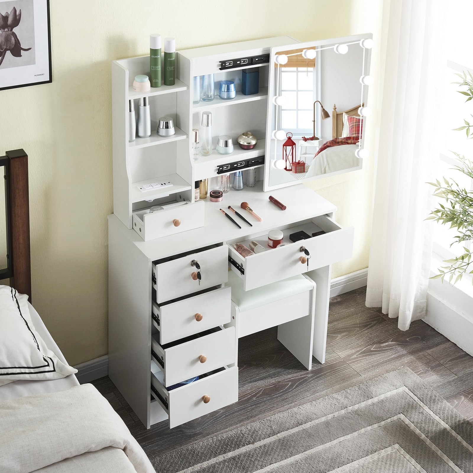 Lucaseone Makeup Vanity Desk with Lights Mirror, Vanity Desk with Sliding Mirror and 5 Drawers,Storage Shelves,Vanity Table for Bedroom (961905usb)