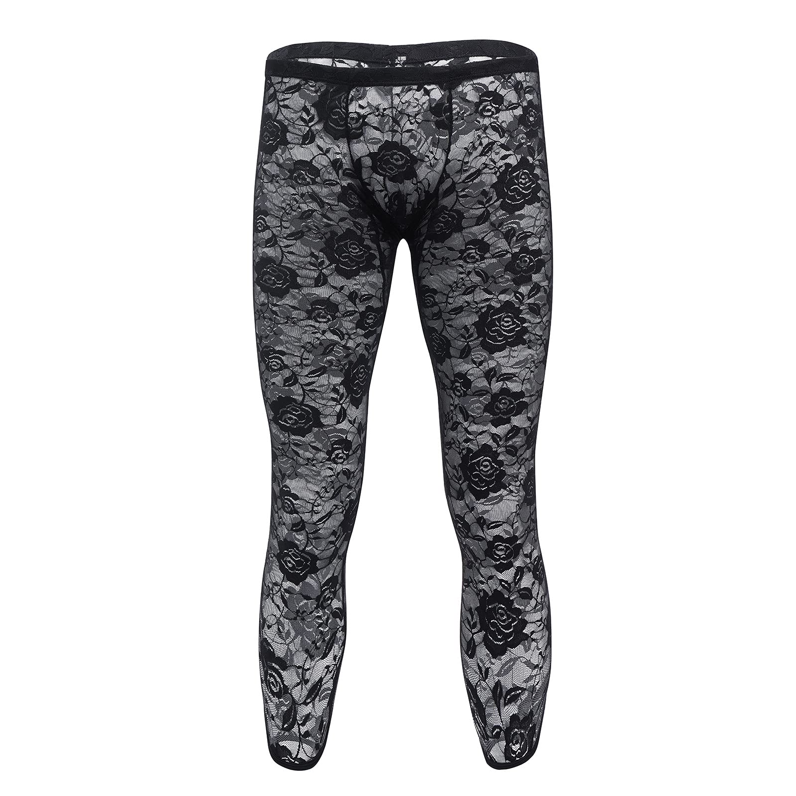 Men's Sissy Floral Lace Sheer Mesh Long Pants Leggings Low Rise Semi See Through Transparent Long Johns Tights Black Small