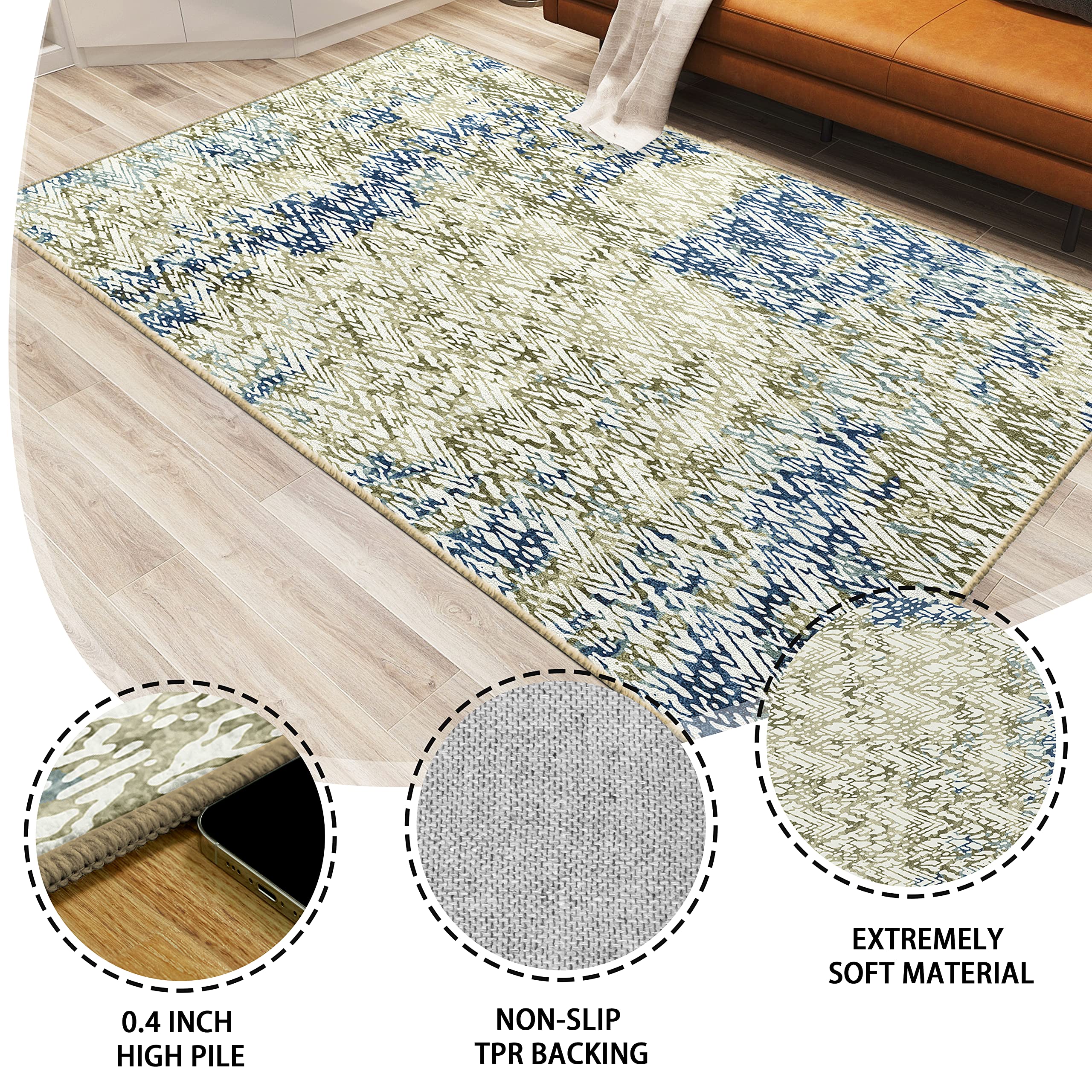 Modern Abstract Area Rug Beige Blue Geometric Distressed Comfort Bedside Rugs Stain Shedding Resistant Large Floor Carpet for Living Room Dining Bedroom,Machine Washable,8x10 Feet,Rectangle