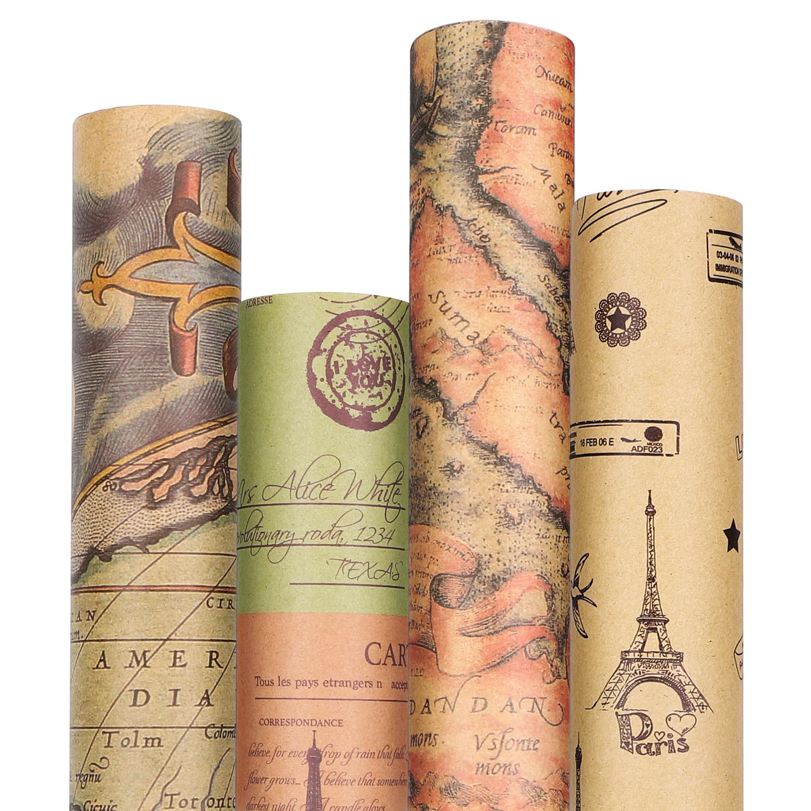 Whaline Vintage World Map Wrapping Paper - Not Roll - Retro Famous Building Gift Wrap Paper Folded Flat Kraft DIY Craft Art Paper for Wedding Birthday Party Decor Supplies, 8 Sheets