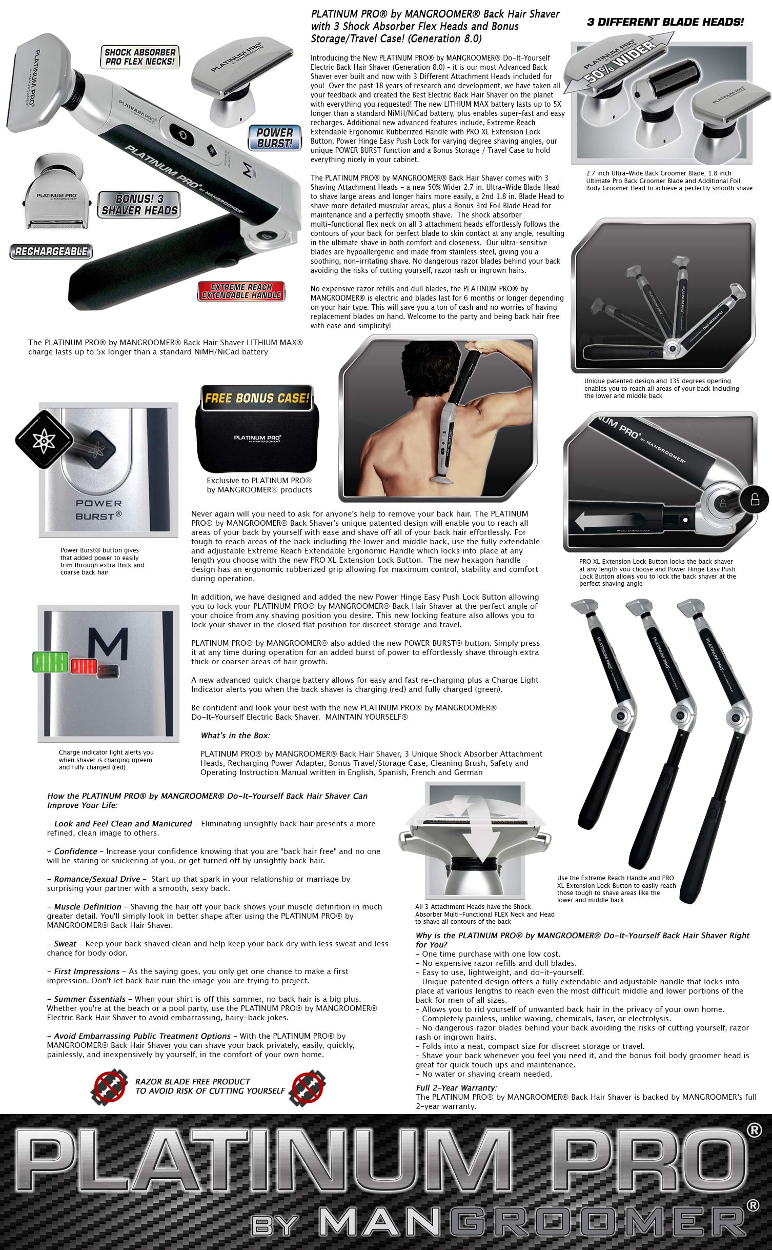 MANGROOMER - PLATINUM PRO New Back Hair Shaver Replacement Blade with New 50% Wider Blade Design!
