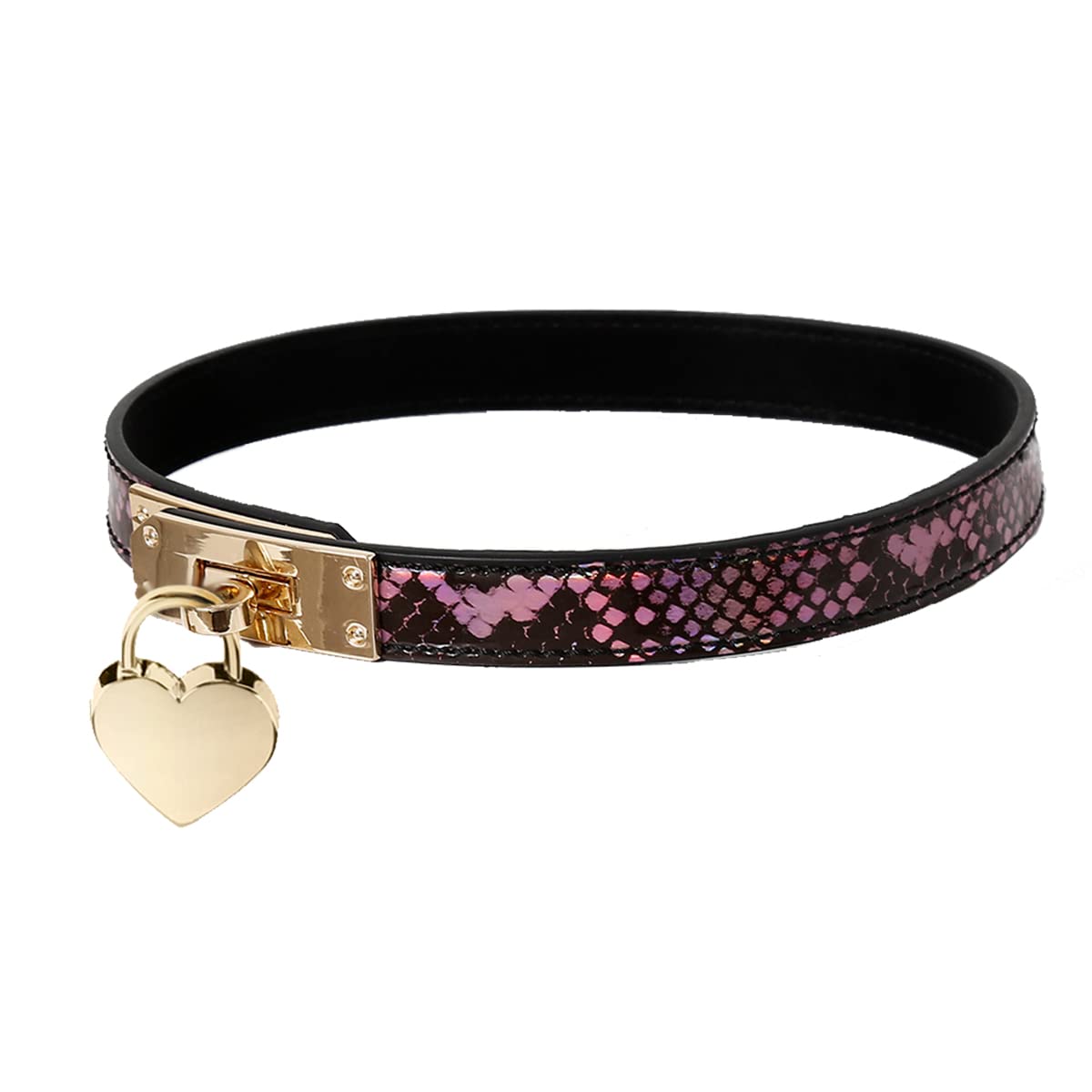 OsFTSbdt Pink Lockable Collar Snakeskin PU Choker Wrist Punk Rock Necklace for Unisex Multi Wrap Bracelet Bangle Adjustable (Small-15.7 inch, Heart Lock)