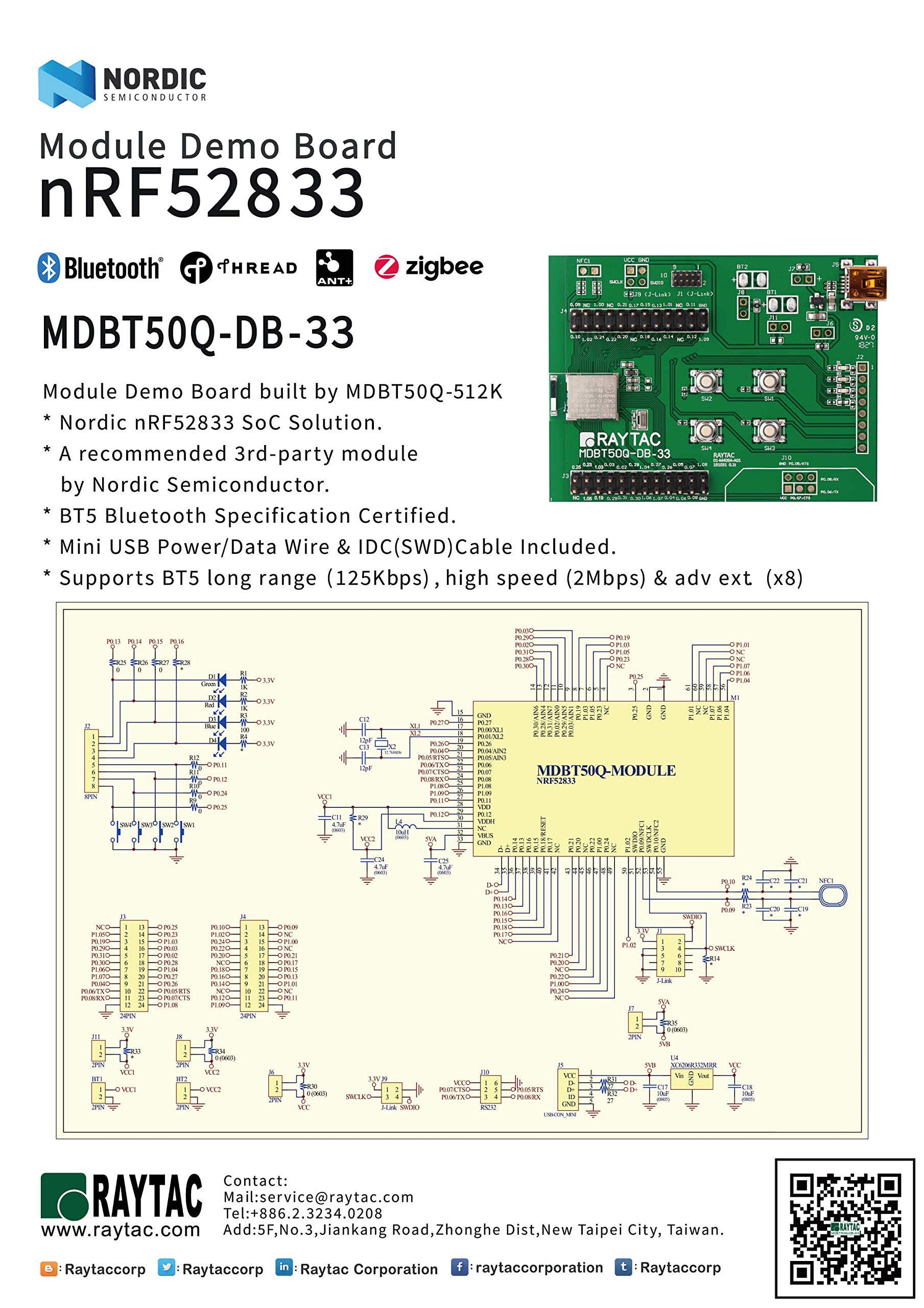 MDBT50Q-DB-33 Nordic nRF52833 Module (MDBT50Q-512K / Chip Antenna / 42 GPIO) Evaluation Board Dev Kit DK Bluetooth Zigbee Thread ANT+ BT5.2 BT5 FCC IC CE Telec KC RCM SRRC Demo Board