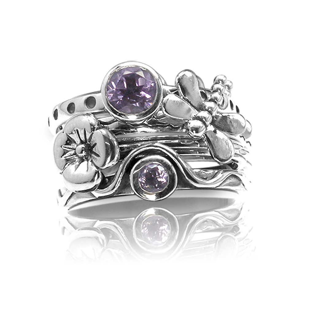 Silvershake Set of 4 Created Pink Tourmaline 925 Sterling Silver Dragonfly and Flower Stackable Gemstone Ring size 8 Jewelry for Women or Teens