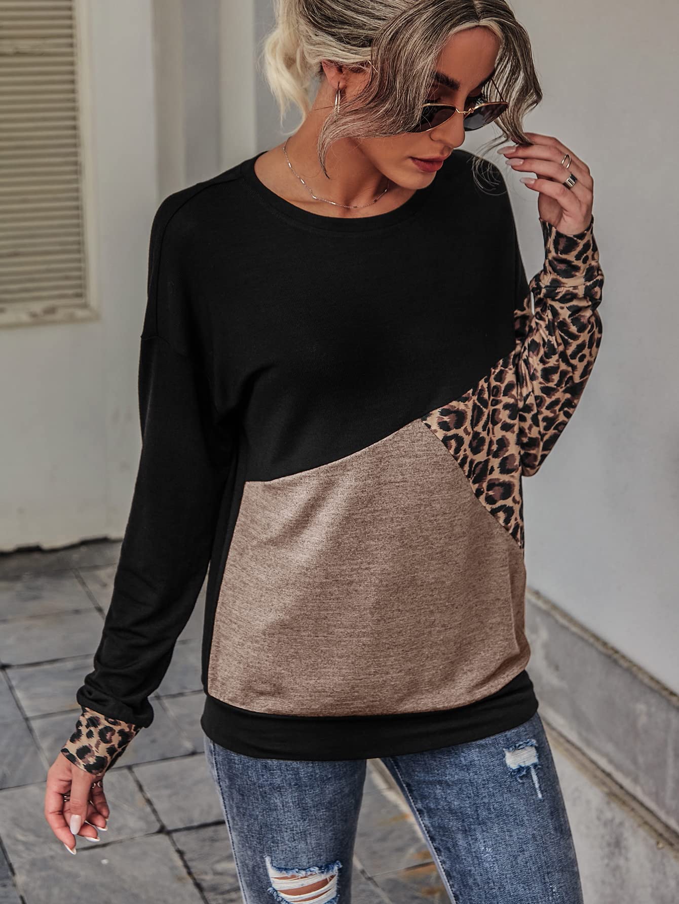 SOLY HUX Women's Casual Long Sleeve Color Block Leopard Print T Shirts Light Multicoloured S