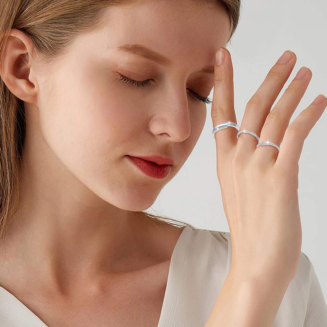 Sunssy 3PCS Stacking Rings Set for Women Stackable Thumb Rings for Teen Girls Simple Thin Dainty Silver Ring Set CZ Eternity Wedding Ring Size 5 to 9