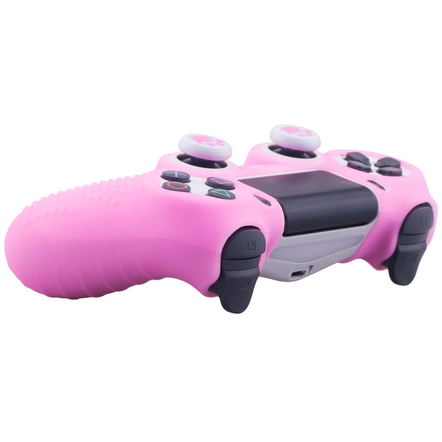 MXRC Silicone Rubber Cover Skin Case x 1 Anti-Slip Studded Dots Customize for PS4/SLIM/PRO Controller x 1(Pink) + Cat Paw Thumb Grips x 2
