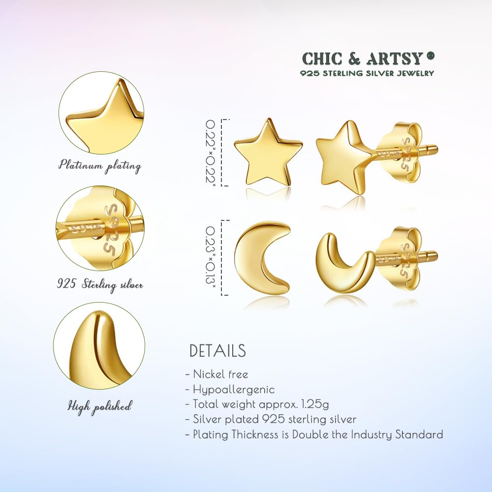 Moon Star Stud Earrings 18k Gold Plated Sterling Silver Crescent Moon Earrings for Women Dainty Night Sky Earrings