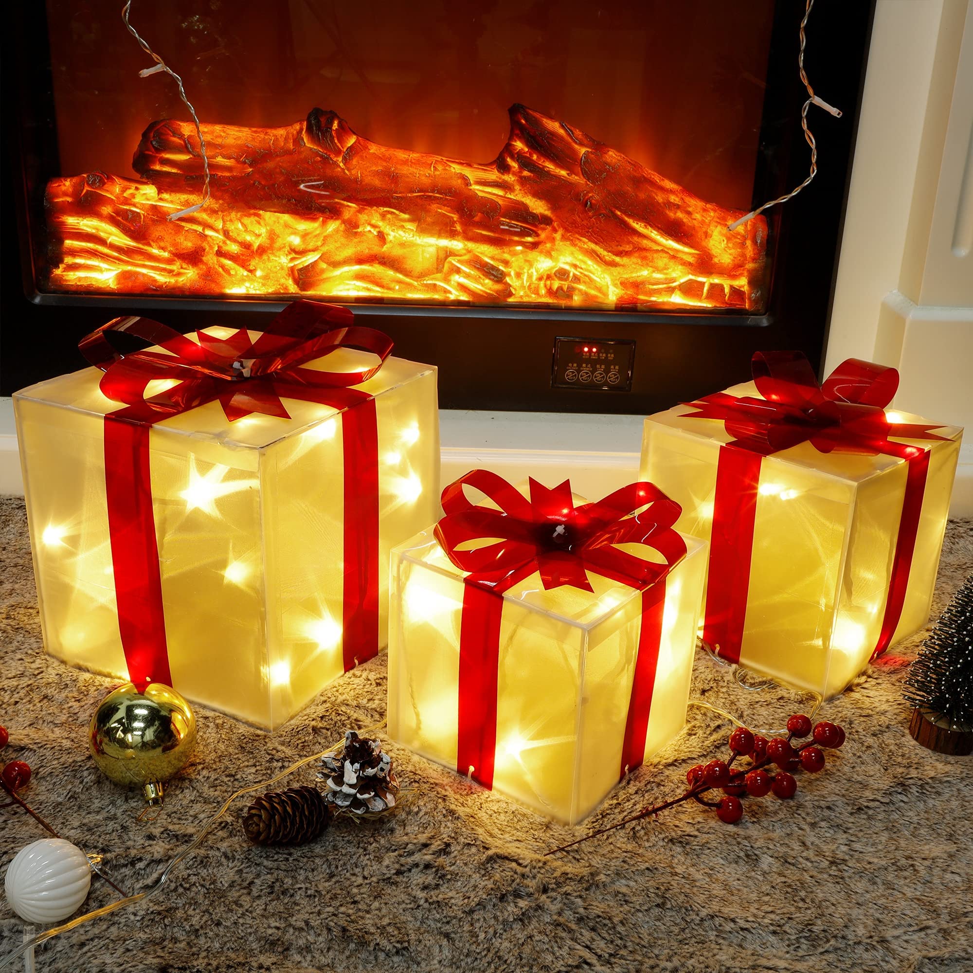 Lulu Home Decor, 60 LEDs Light Up Boxes with Red Bows, Plug-in Warm White Lighted Xmas Boxes for Christmas Tree Holiday Party Indoor Outdoor Decors, Set of 3