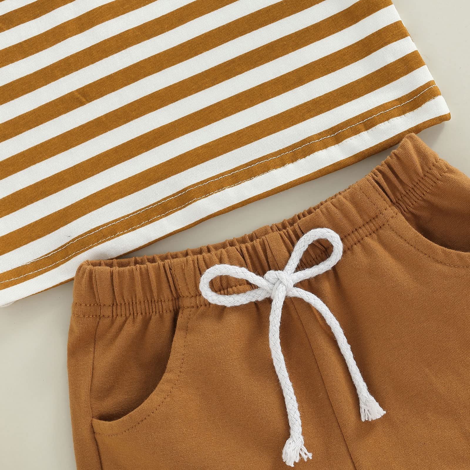 VISGOGO Baby Boys Summer Outfits Set Short Sleeve Striped T-Shirt Tops + Solid Color Short Pants 6 12 18 24 Months 2T 3T (A-Brown, 2-3 Years)
