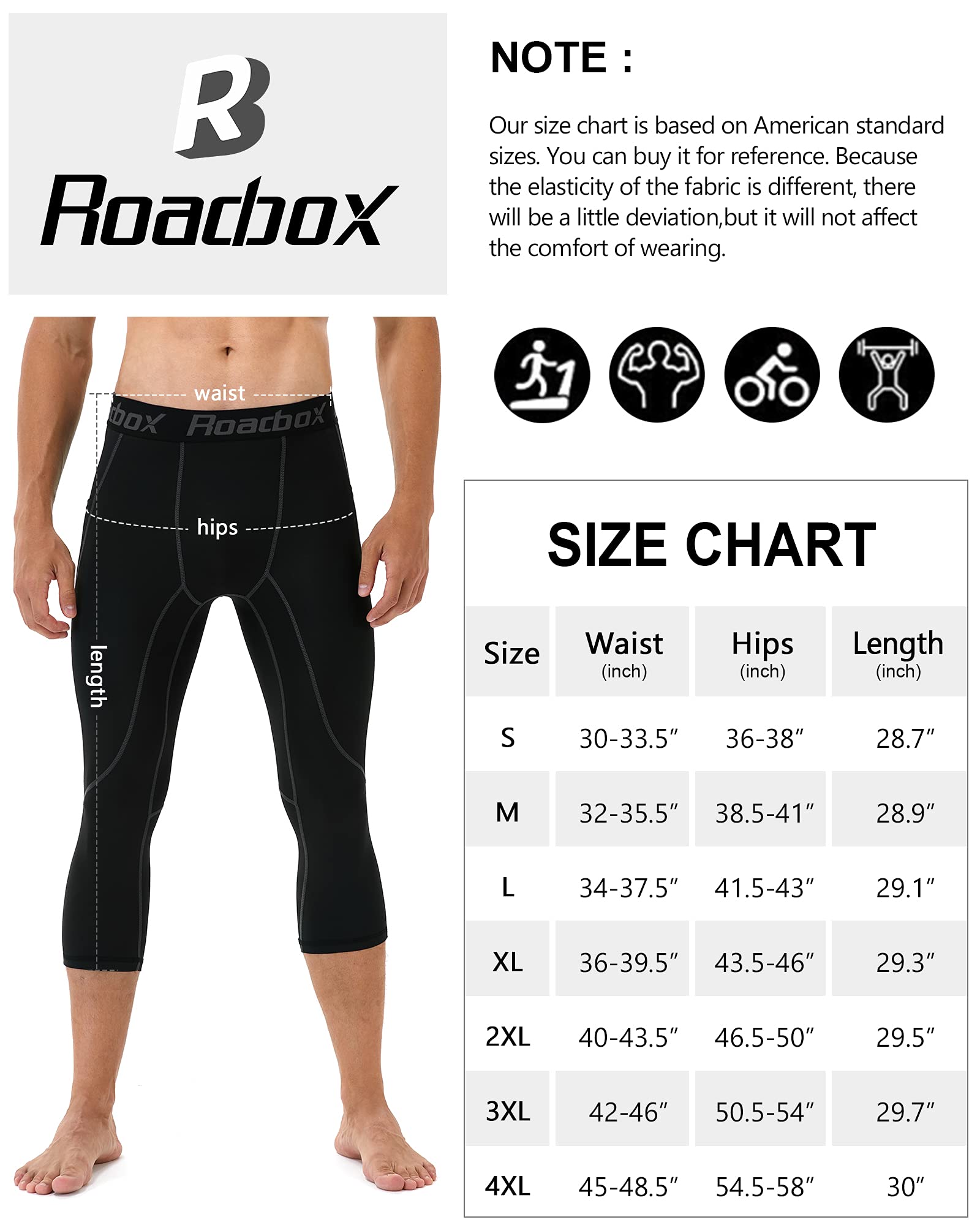 Roadbox Mens 3/4 Compression Pants with Pockets Running Workout Baseketball Base Layer Legging Tights