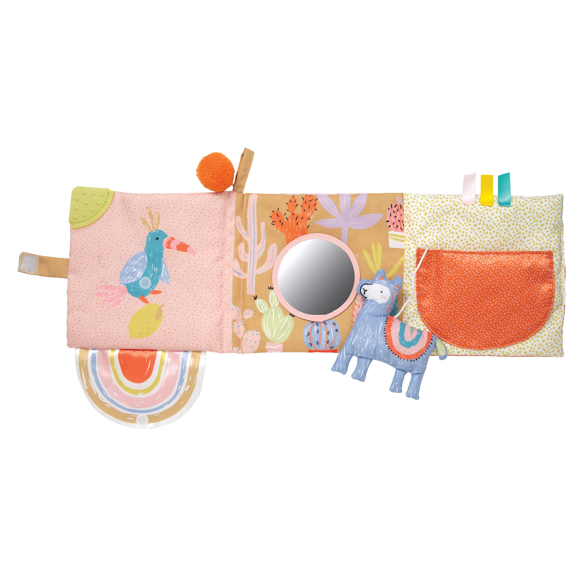 Manhattan Toy Llama Themed Soft Baby Activity Book with Squeaker, Crinkle Paper and Baby-safe Mirror Small