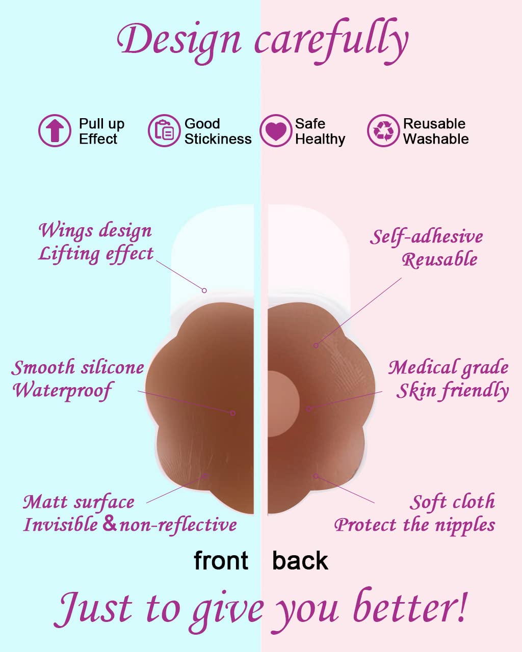 MSLO Lifting Nipple Covers Breast Petals Reusable Adhesive Invisible Bra Silicone Sticky Pasties Lift Wing for Women (2.6 inchs, Brown, 4)