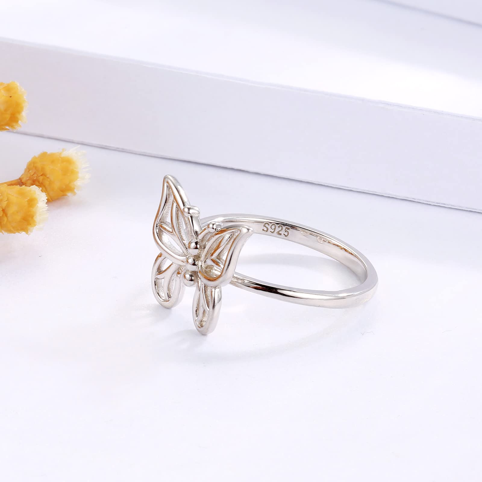 Simple Butterfly Rings for Women Sterling Silver Stackable Filigree Butterfly Ring Jewelry Wife Daughter Mom (A, 8)