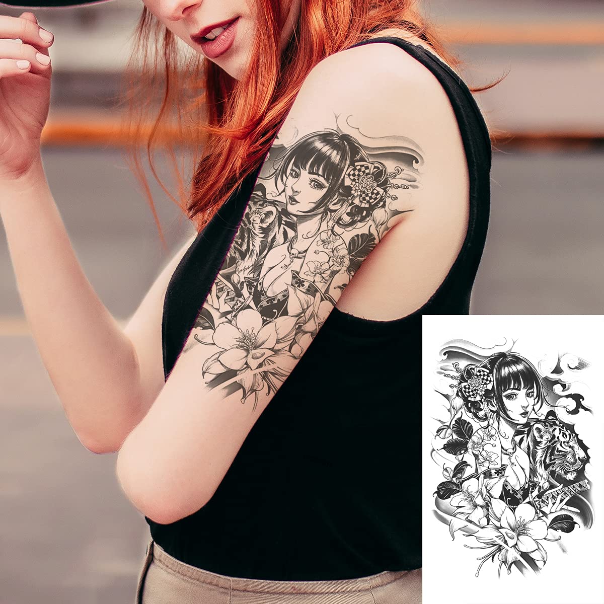 Oottati 6 Sheets Arm Fake Waterproof Temporary Tattoos Stickers Black Japanese Geisha Samurai Women Flower Lotus