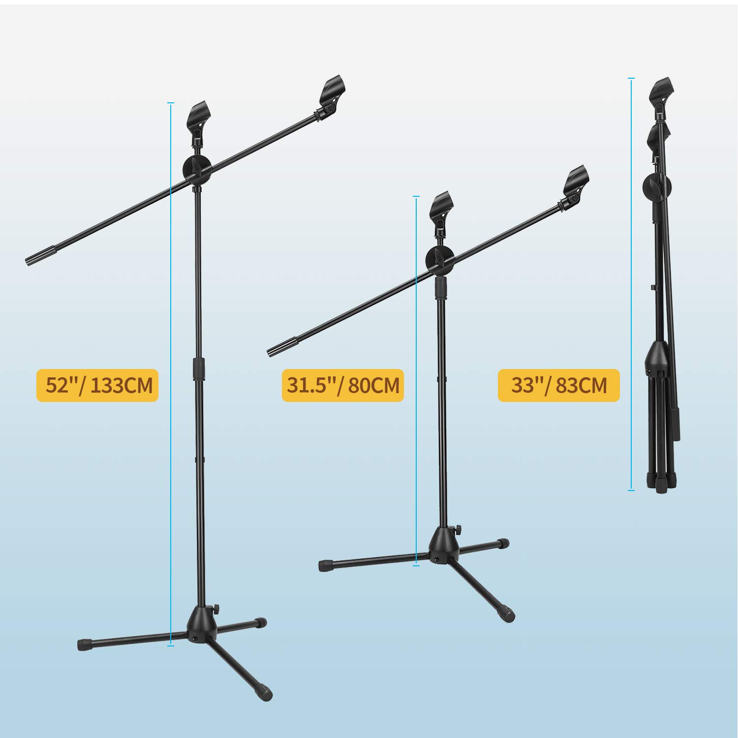 Moukey Mic Stand, Tripod Boom Microphone Stands with 4 Non-Slip Mic Clips and 4 Foam covers, Adjustable, Collapsible for Shure sm7b / sm58, 2-Pack (Black)