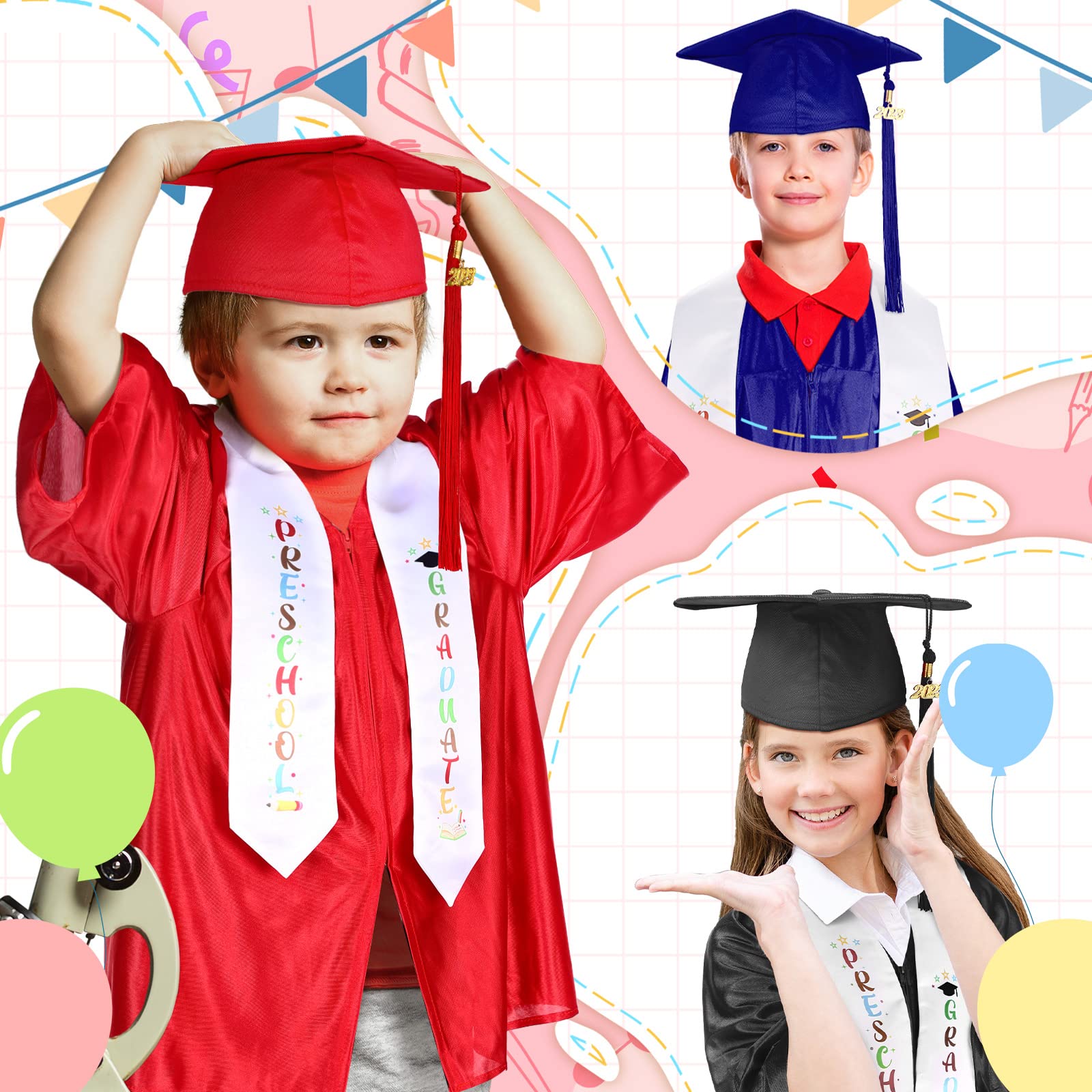 Sureio 6 Pcs Kindergarten Preschool Graduation Cap and Gown with 2024 Tassel Graduation Stole Certificate for Toddler Kids(Navy Blue, Medium)