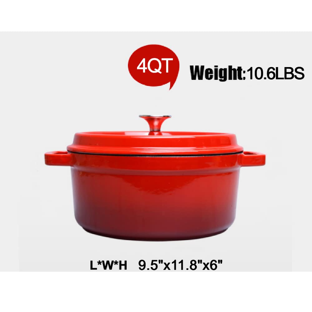 RikoTech 4 Quart Enamel Pan Cast Iron Dutch-ovens Stewpan Casting Cookware with Steamer Thermo Pot Big Cooking Pot for Kitchen Red