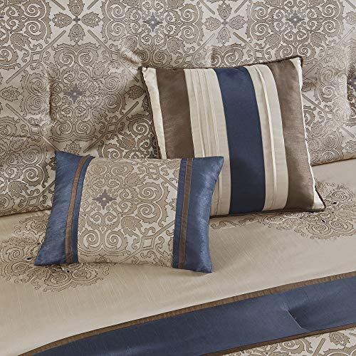 Madison Park Essentials Delaney 24-Piece Room In A Bag Comforter Set-Satin Jacquard All Season Luxury Bedding, Sheets, decorative pillows and Curtains, Valance, Queen (90 in x 90 in), Medallion Navy
