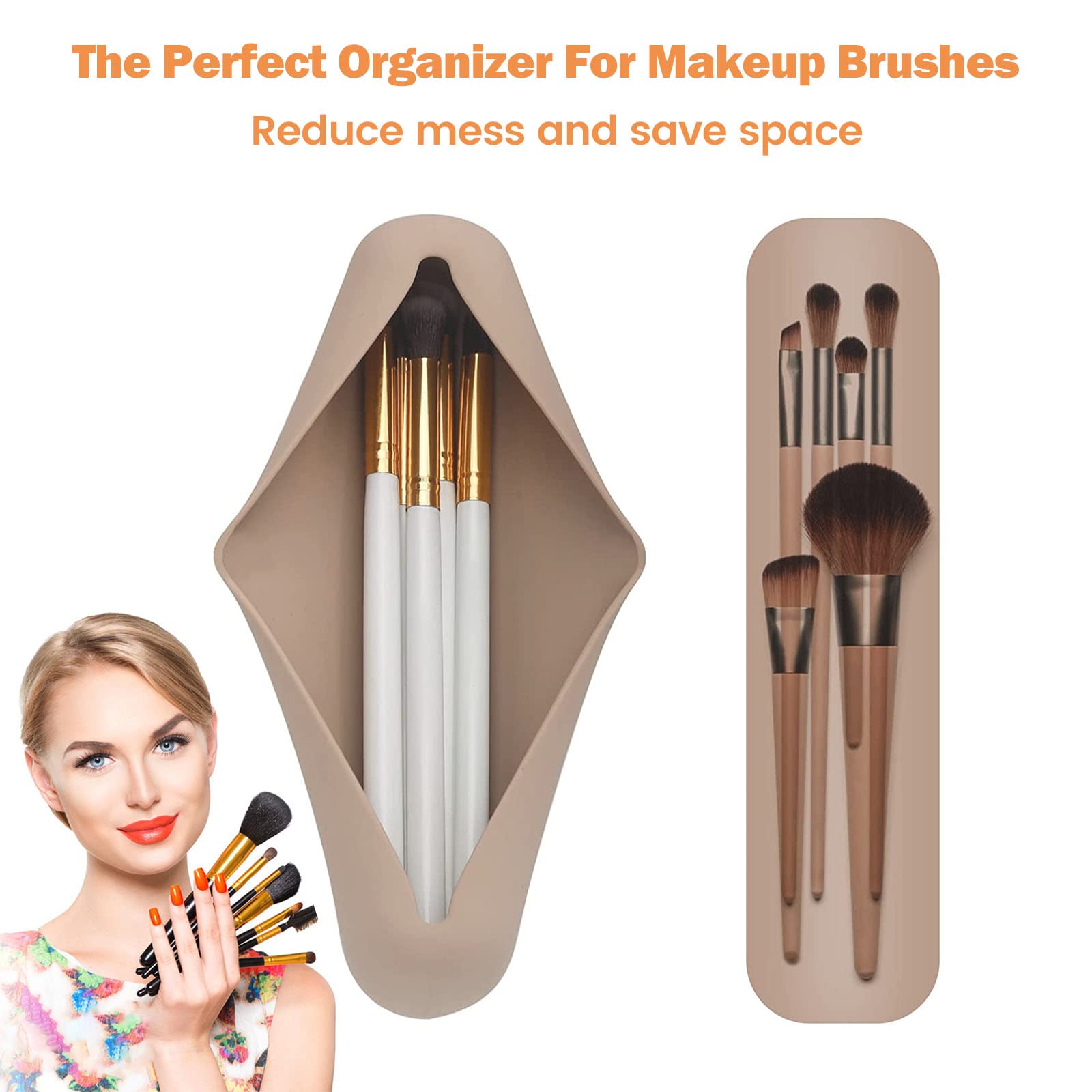Travel Makeup Brush Holder, Silicone Trendy and Portable Cosmetic Face Brushes Holder, Soft and Sleek Makeup Tools Organizer for Travel, Waterproof Dustproof (Khaki)