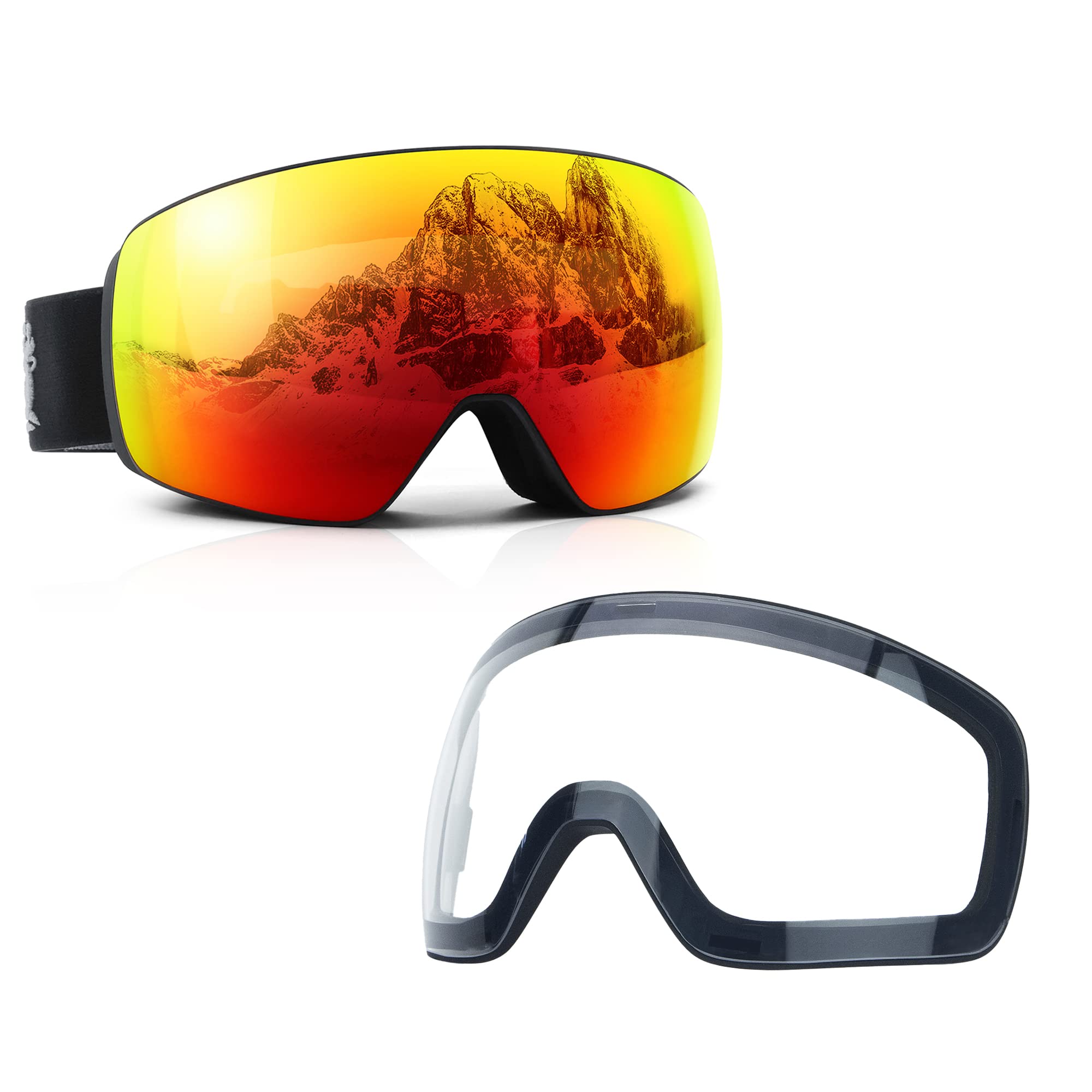 Super Penguin Ski Goggles Magnetic Lens & Replacement Lens, Double Spherical OTG Design Snow Goggles Anti-fog UV Protection