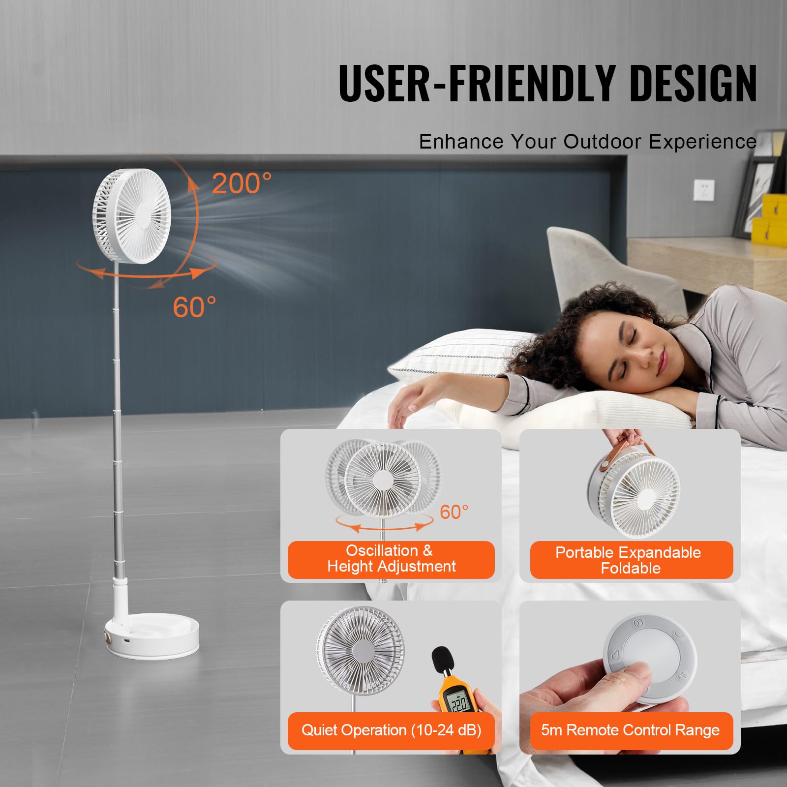 VEVOR 12 Inch Foldable Oscillating Standing Fan with Remote Control, 8 Speed Adjustable Portable Desk Quiet Fan, 10800mah Rechargeable USB Fan, Folded Rotating Floor Fan for Bedroom Office Travel