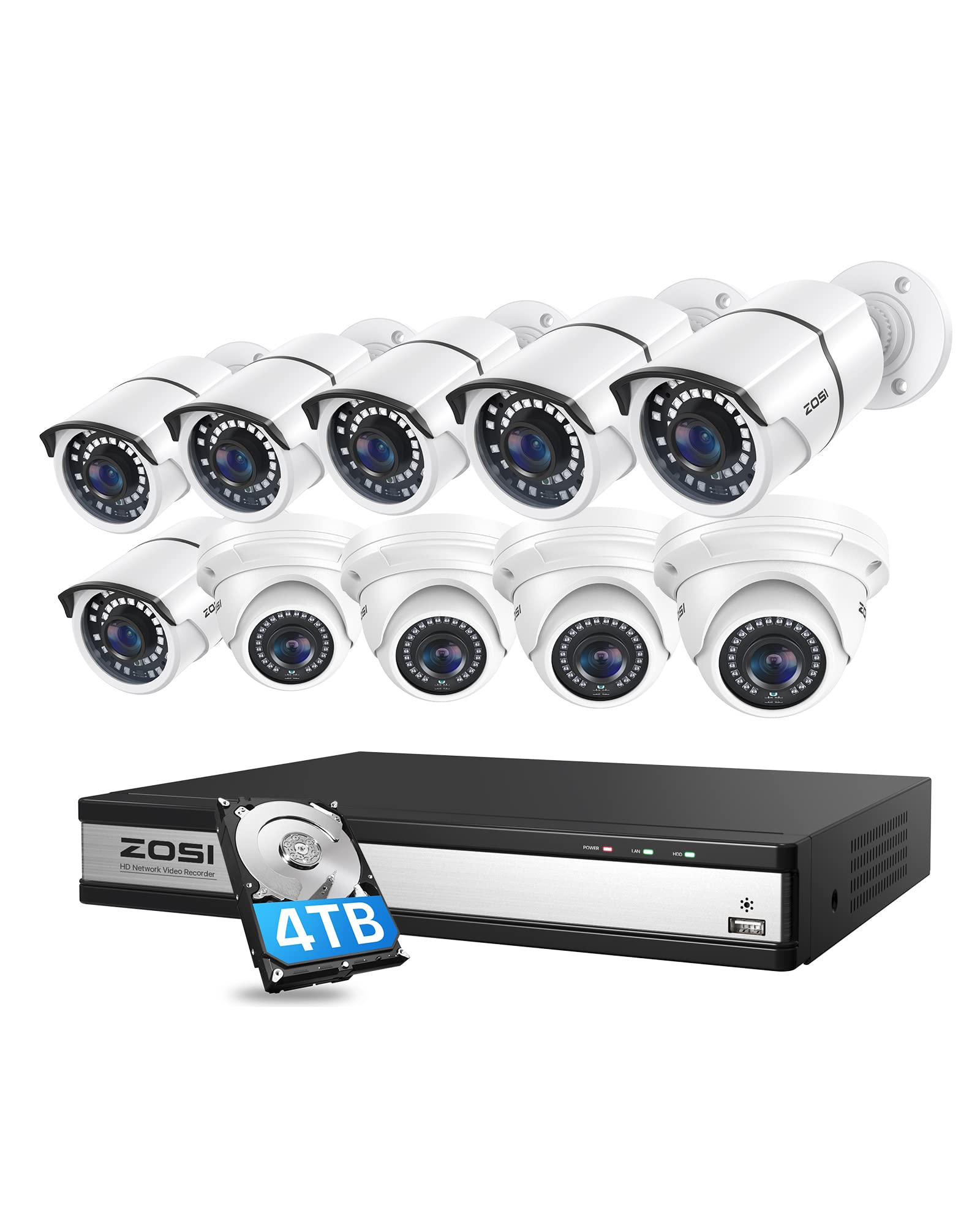 ZOSI 4K 16CH PoE Security Camera System with Hard Drive 4TB and 10pcs 5MP Outdoor Indoor PoE IP Surveillance Cameras,H.265+ 16 Channel 8MP CCTV NVR,120ft Night Vision,Remote Access,24/7 Recording