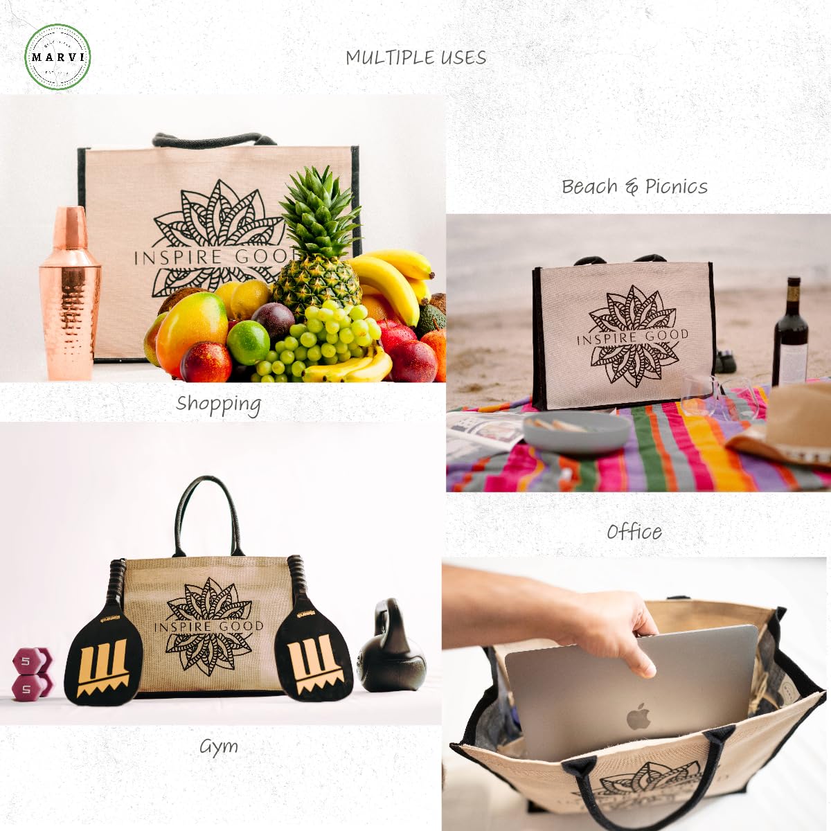 MARVI TOTE BAG - Juco/Burlap Shopping, Beach, Travel Bag, Gift | Eco-friendly, Reusable | Cotton Mesh Drawstring Grocery Bags (1 Pack)