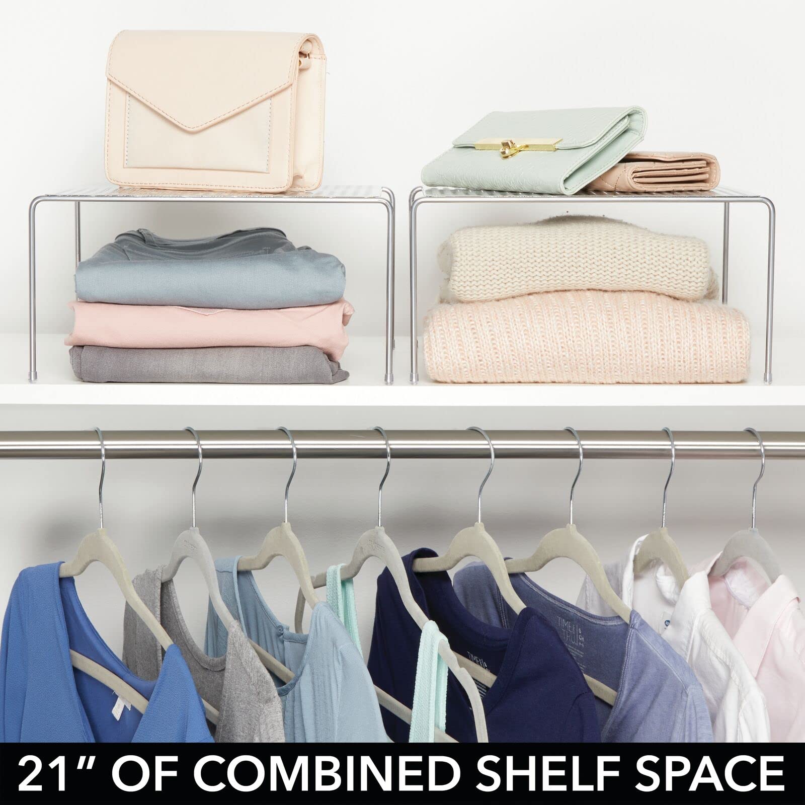 mDesign Modern Metal Square Closet, Cabinet, Countertop Organizer Storage Shelf for Bedrooms, Bathrooms, Entryways and Hallways - Durable Steel, Non-Skid Feet - 2 Pack - Silver