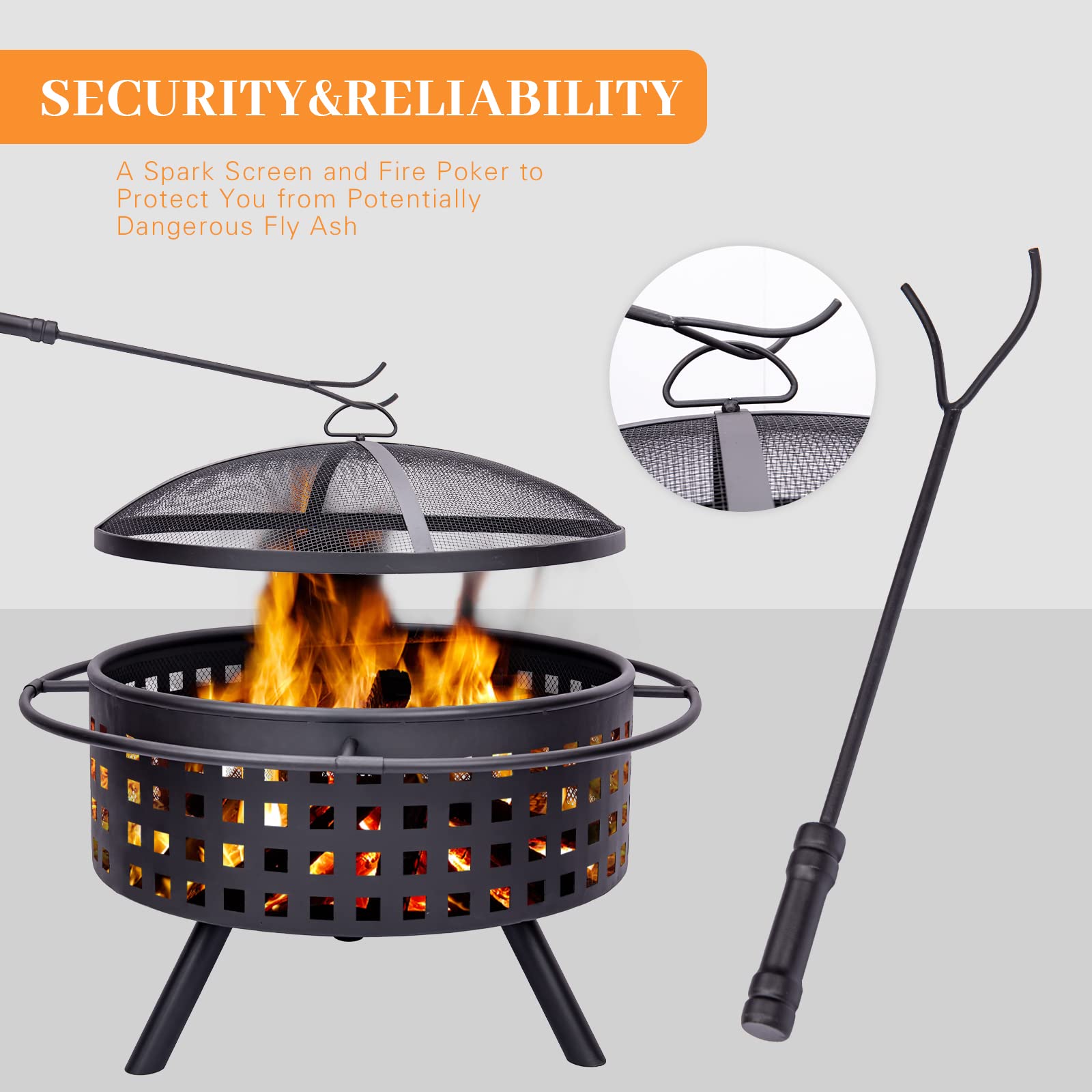 Vipush Fire Pit 30" Wood Burning Portable Outdoor Fire Pits - Large Steel BBQ Grill Fire Bowl with Spark Screen for Outside Patio Fire Poker Steel Round Fireplace for Camping Bonfire Beach Backyard